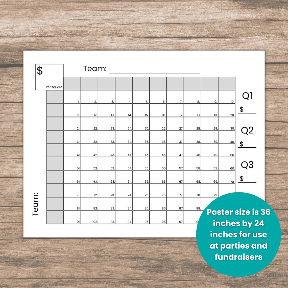 100 Squares Game Printable Poster Size 36x24 Inches, Good for ...