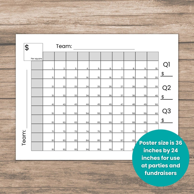 100 Squares Game Printable Poster Size 36x24 Inches, Good for ...