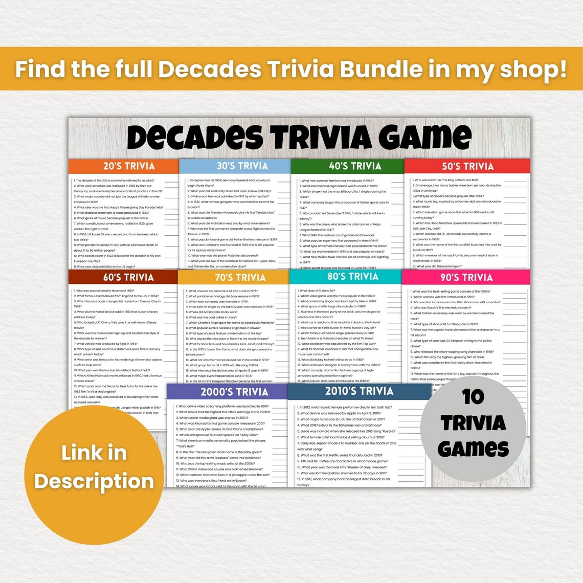 70s Trivia Game, 70s Theme Party Game, Decades Trivia, Class Reunion ...