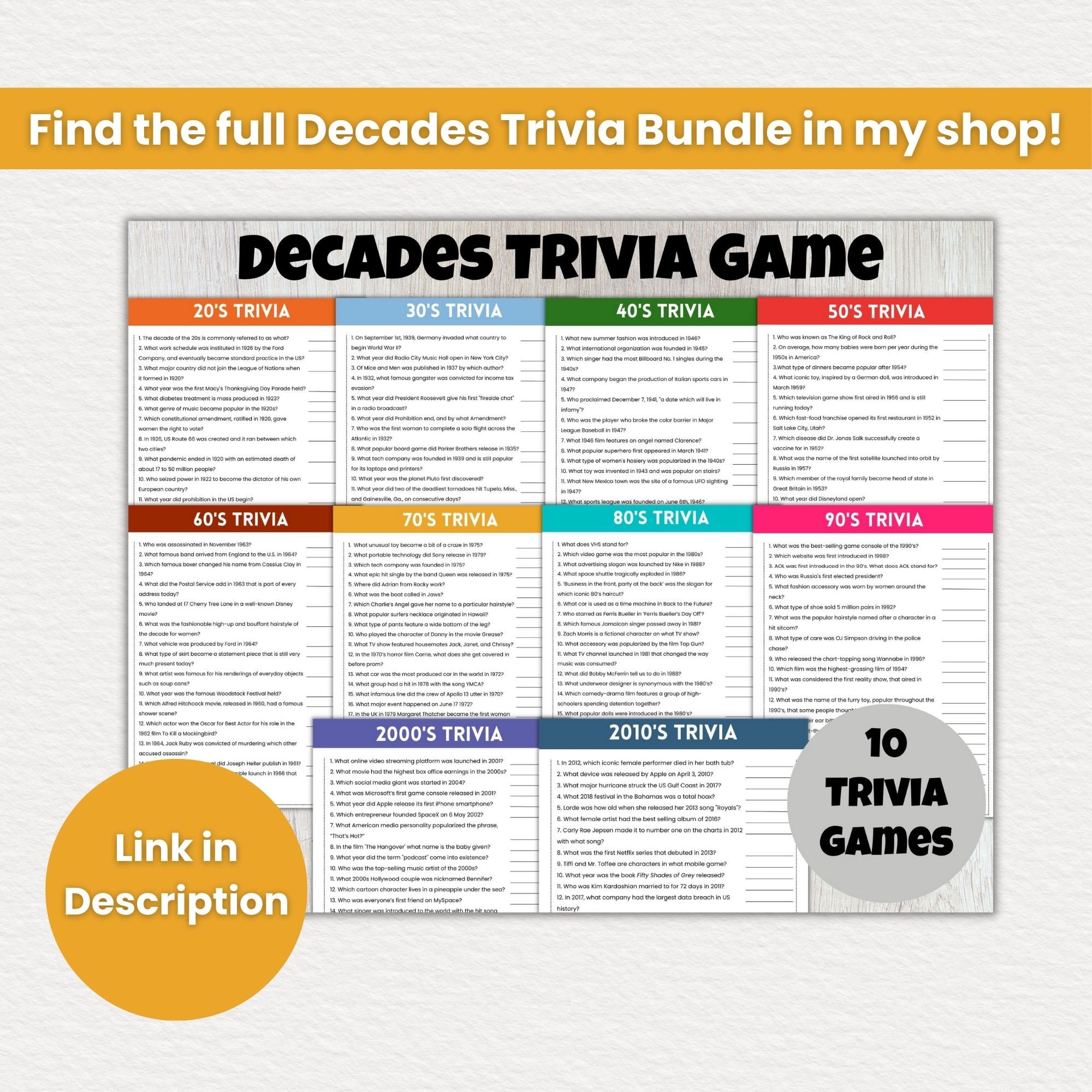 70s Trivia Game, 70s Theme Party Game, Decades Trivia, Class Reunion ...