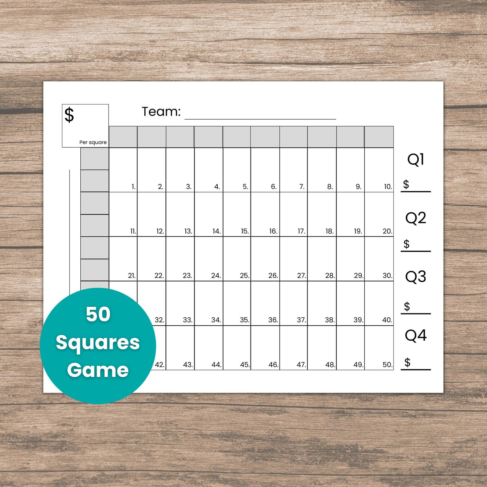 50 Squares Game Blank Template for Fundraisers, Sports Games, Football ...