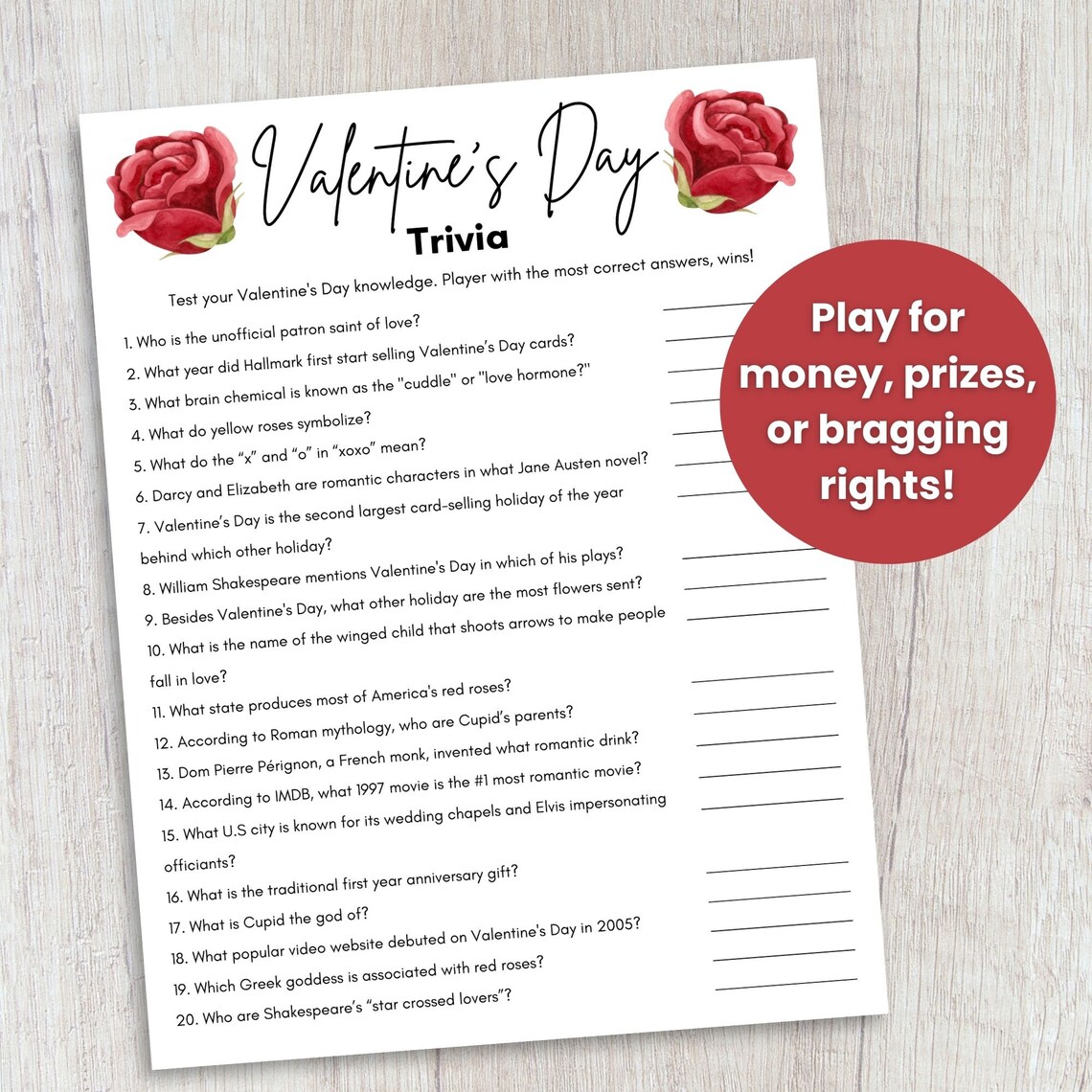 Valentines Day Trivia Game Galentines Trivia Holiday Trivia Game