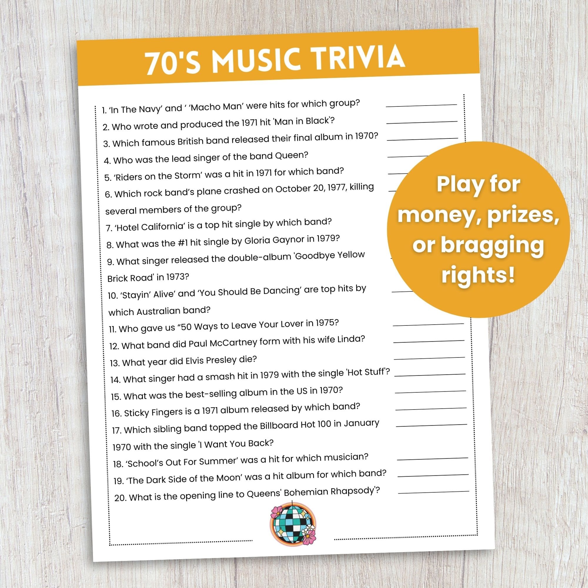 70s Music Trivia Game, 70s Theme Party Game, 70s Trivia, Trivia Game ...