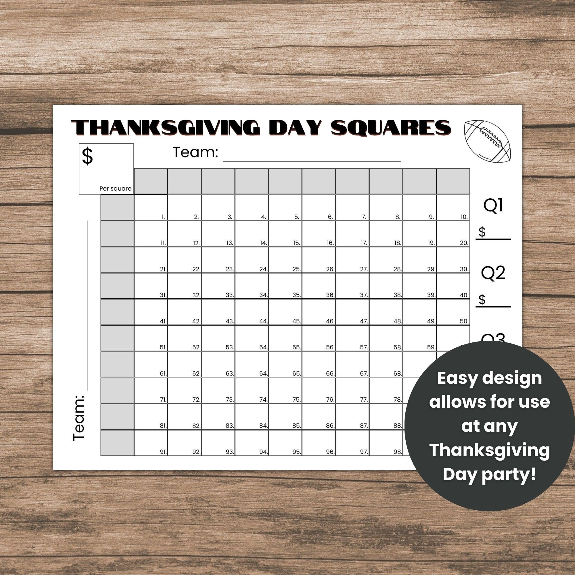 Thanksgiving Day Squares Game, Football Squares Game, Football Betting ...