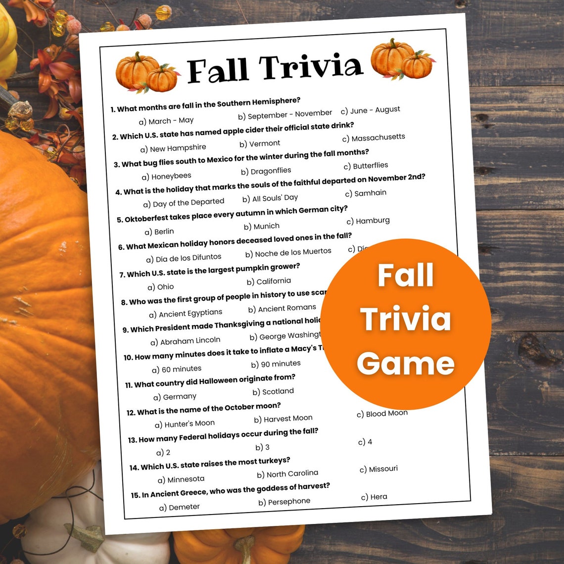 Fall Trivia Game, Holiday Trivia Game, Autumn Trivia Game, Fall Trivia ...