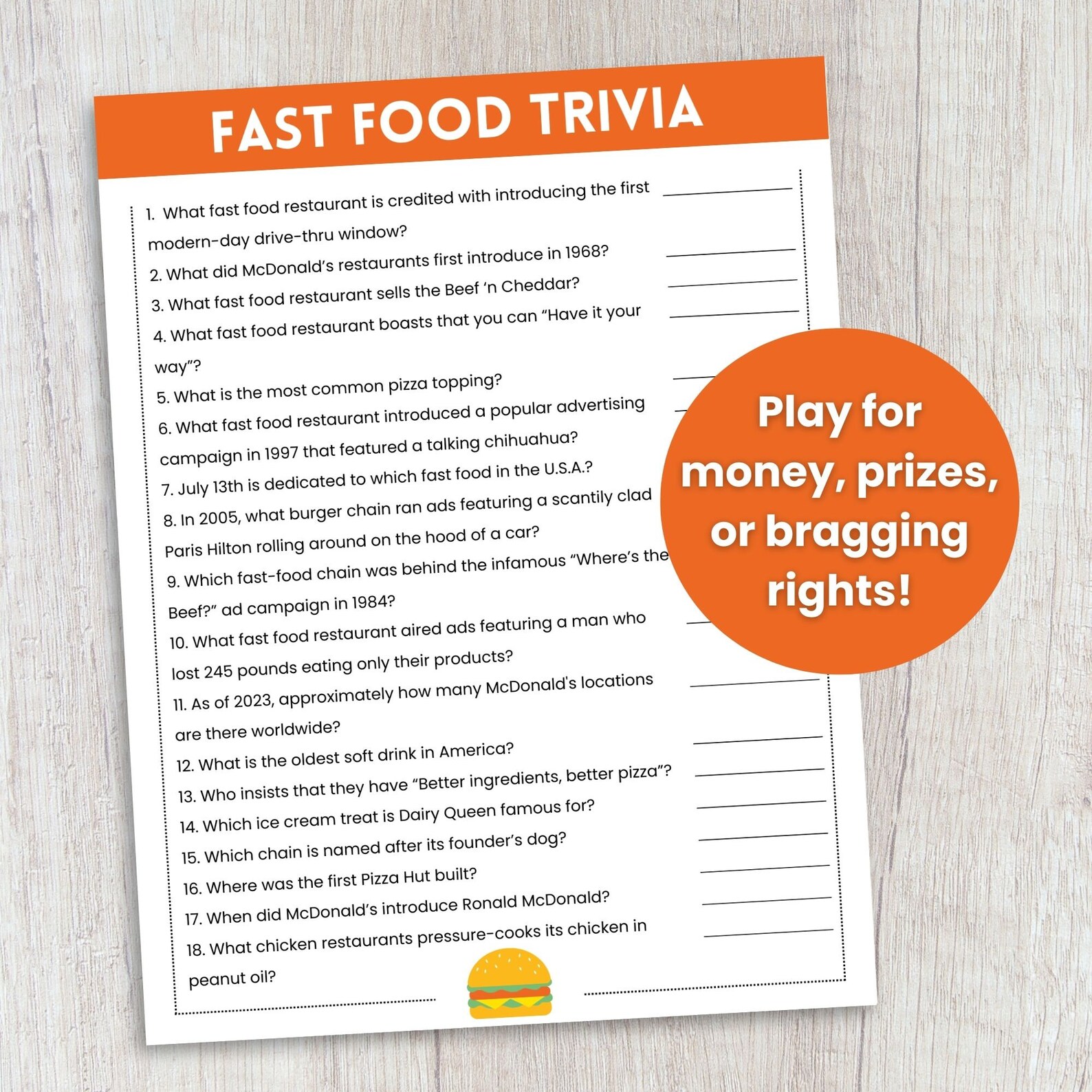 Fast Food Trivia, Trivia Game for Kids and Adults, Trivia Night, Family ...