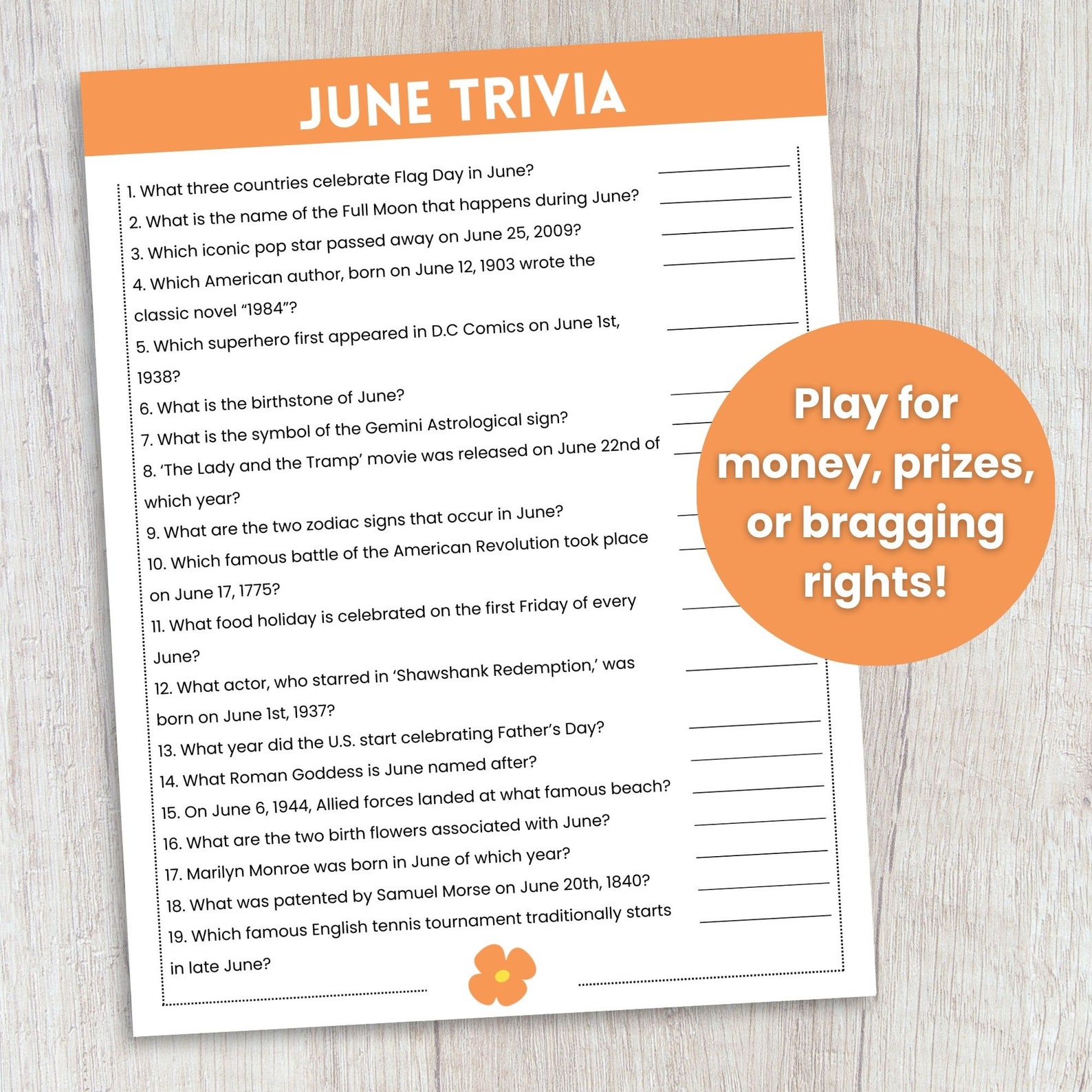 June Trivia Game, Summer Trivia, Trivia Night, Trivia Game for Kids and ...