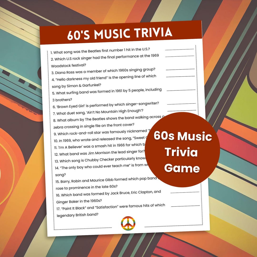 60s Music Trivia Game, 60s Theme Party Game, 60s Trivia, Decades Trivia ...