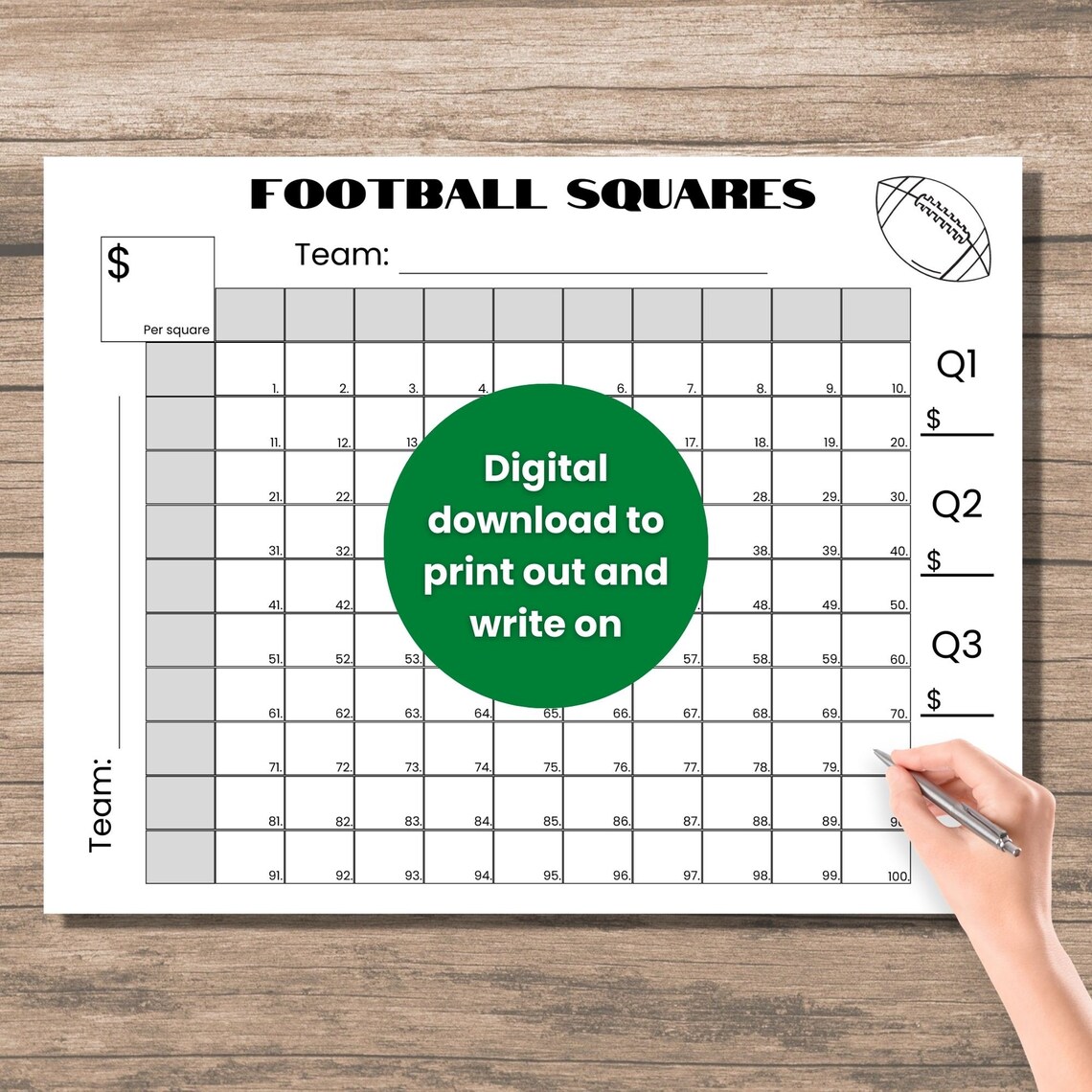 Football Squares Game Printable Poster Size 36x24 Inches, Football ...