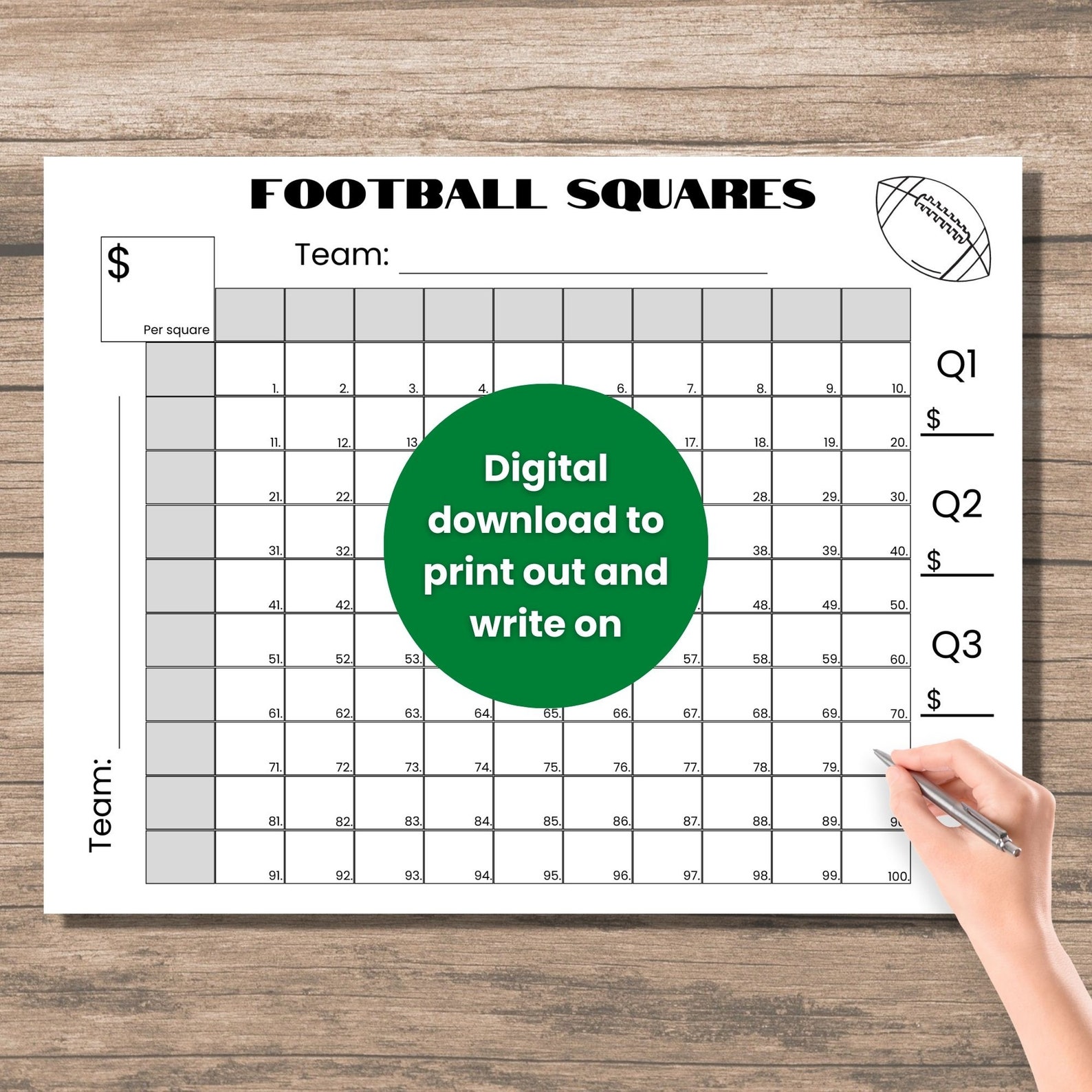 Football Squares Game Printable Poster Size 36x24 Inches, Football ...