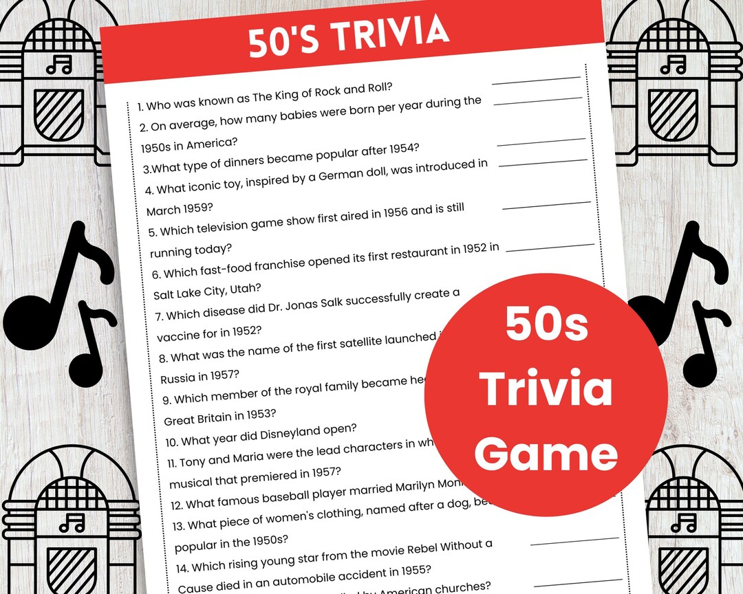 50s Trivia Game 50s Theme Party Game Trivia Game for Teens - Etsy