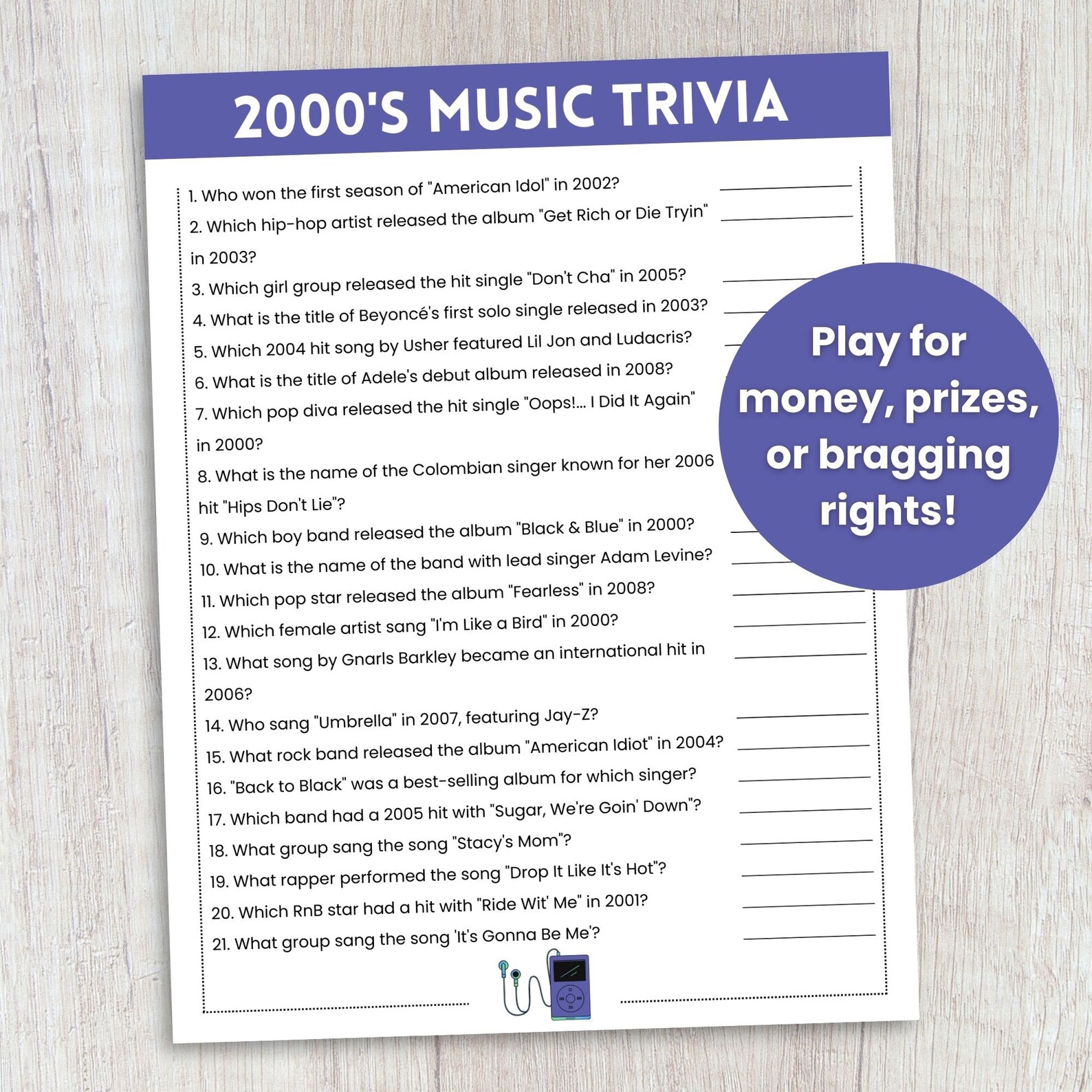 2000s Music Trivia Game, 2000s Trivia Game, 2000s Theme Party Game ...
