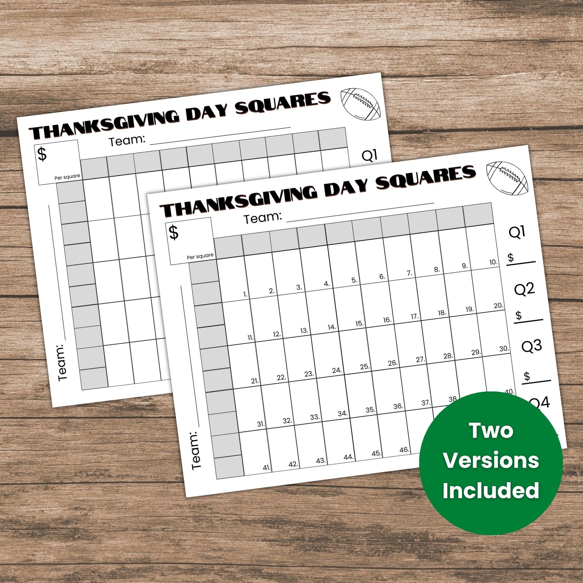 Editable Thanksgiving Day 50 Squares Game, Football Squares Game ...
