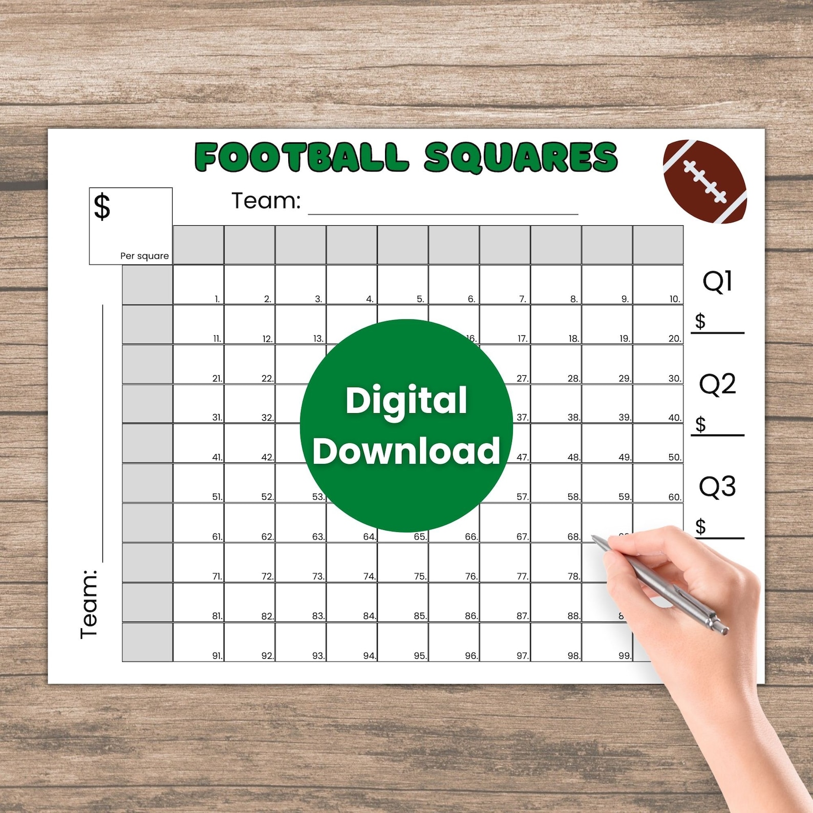Football Squares Game Printable With Color, Football Fundraiser ...