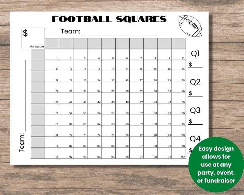 Football Squares Game Printable Football Fundraiser Football - Etsy