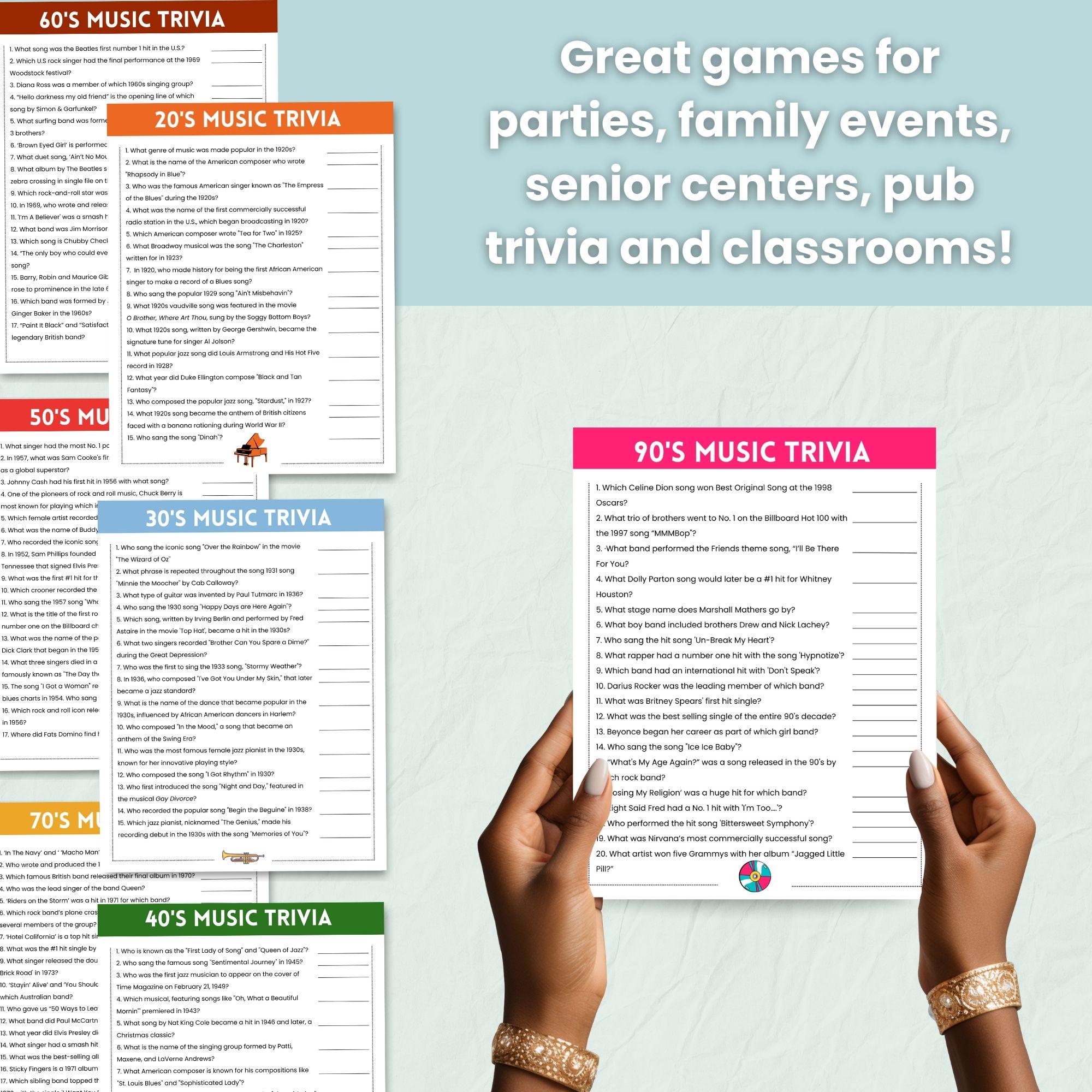 Music Trivia Game, Decades Trivia Game, Decades Party Game, 90s Trivia ...