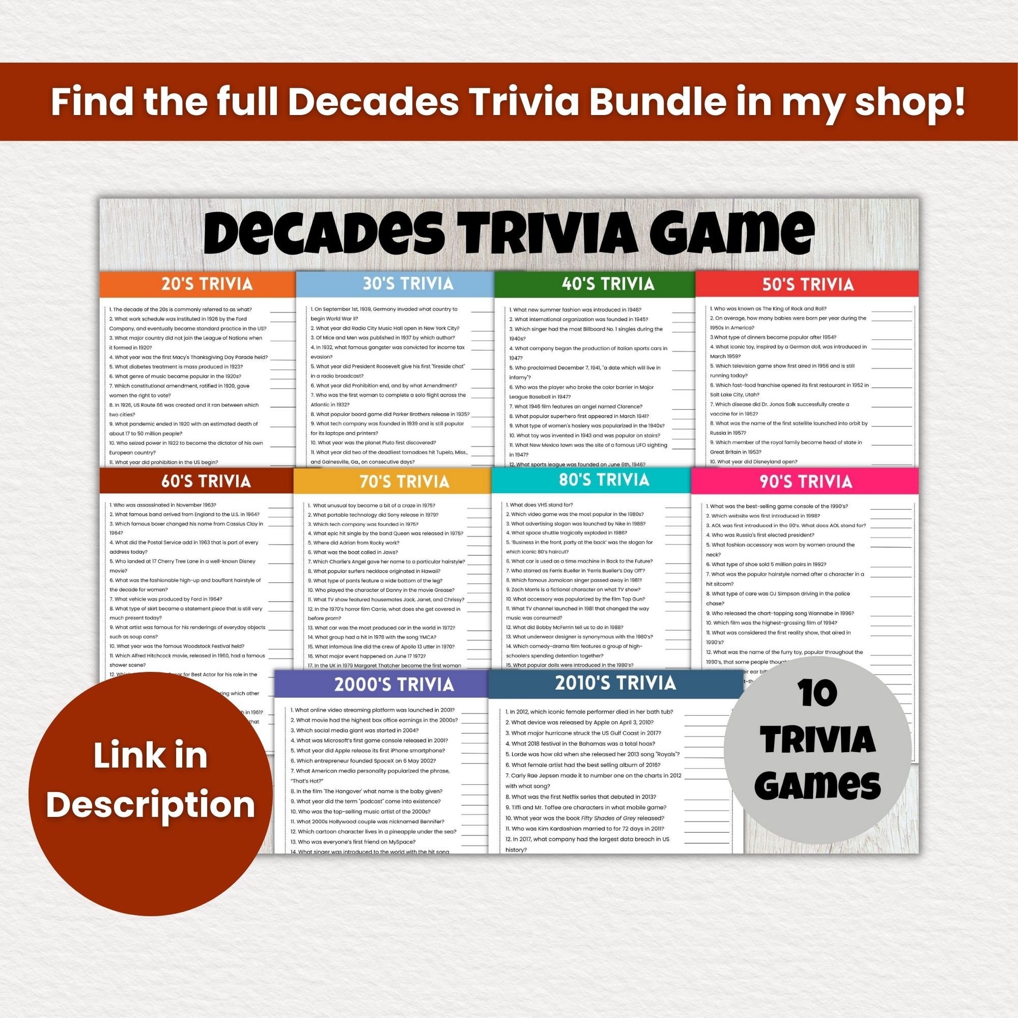 60s Trivia Game, 60s Theme Party Game, Decades Trivia, Team Building ...
