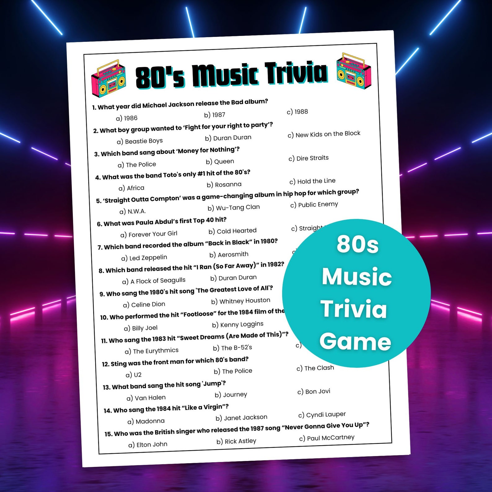 80s Music Trivia Game, 80s Theme Party Game, Decades Trivia, Team Building Game, Office Party ...