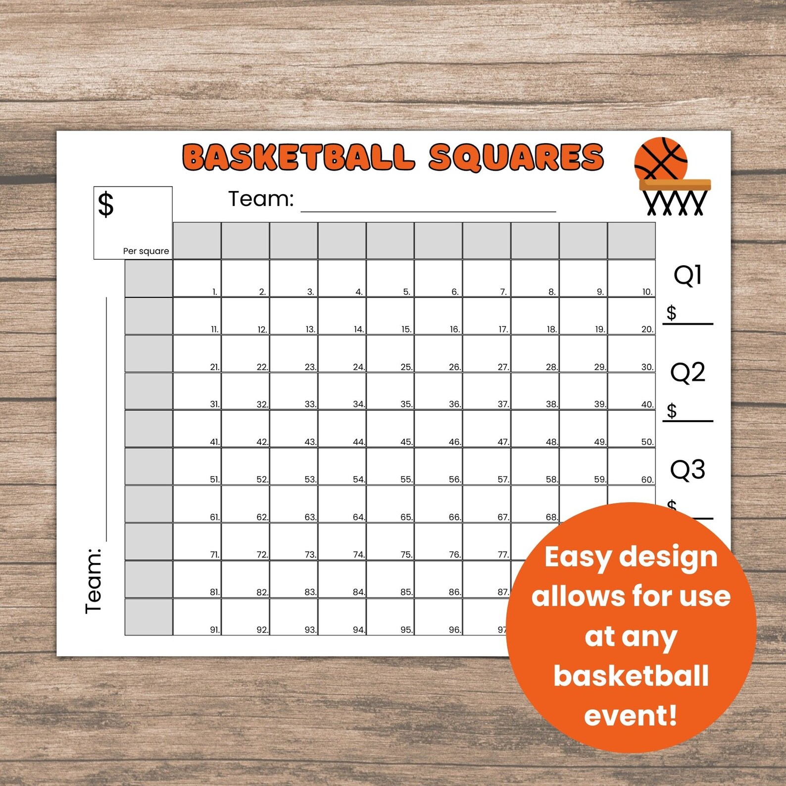 Basketball Squares Game Printable, Basketball Fundraiser, Basketball ...