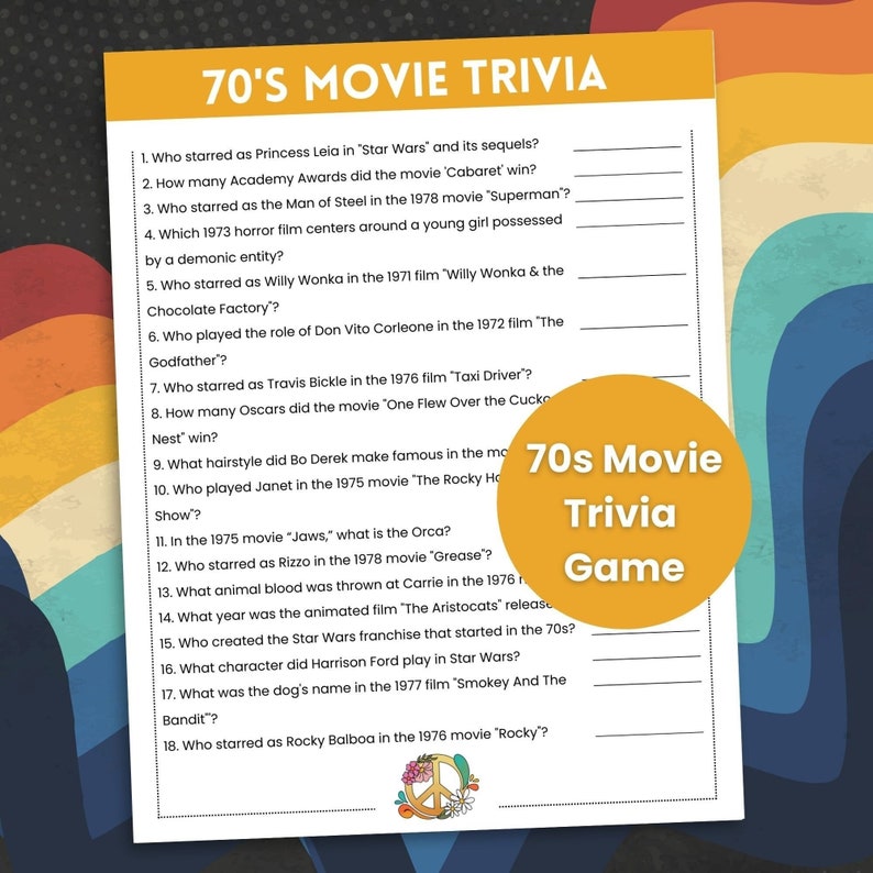 70s Movie Trivia Game, 70s Theme Party Game, 1970s Trivia, Throwback ...