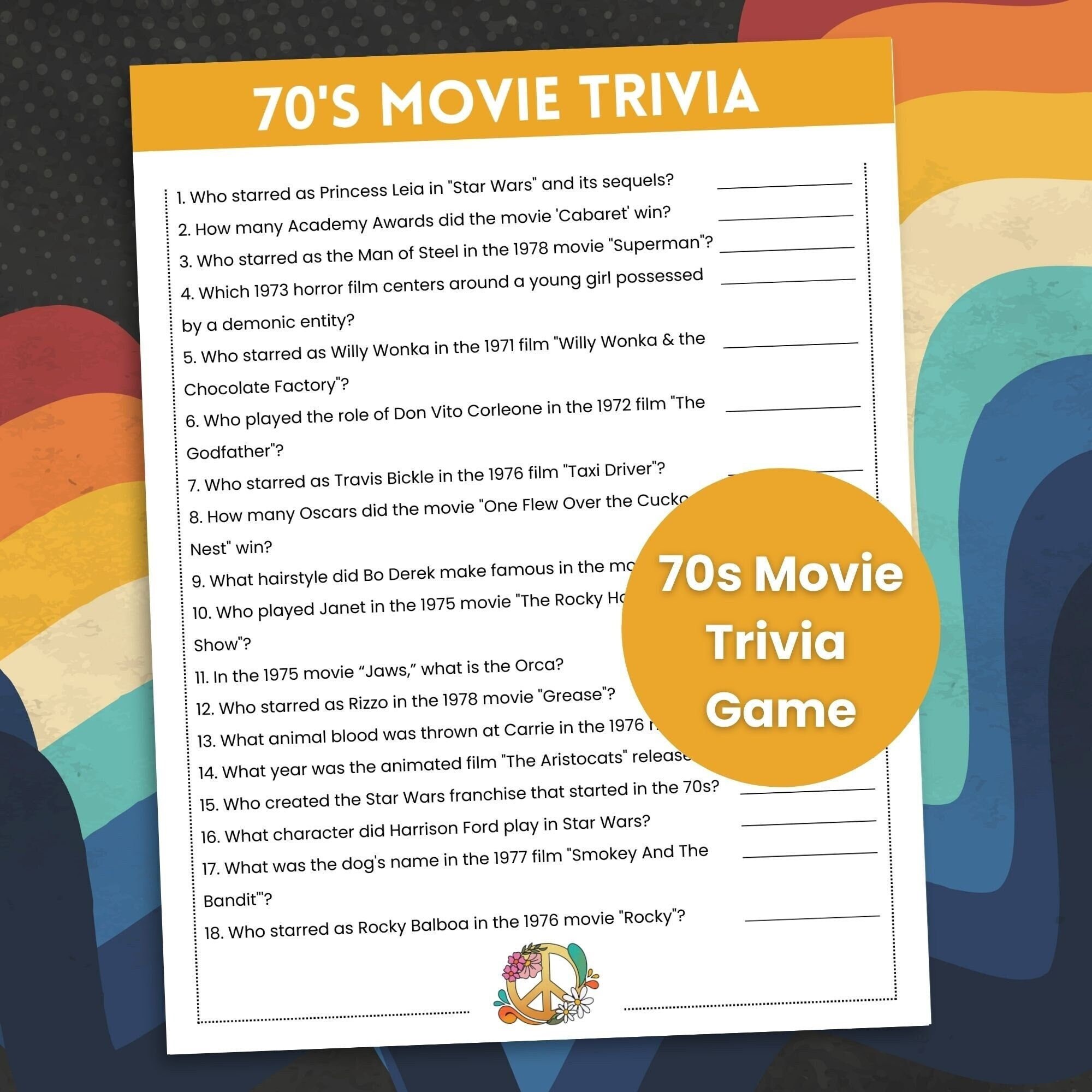 70s Movie Trivia Game, 70s Theme Party Game, 1970s Trivia, Throwback ...