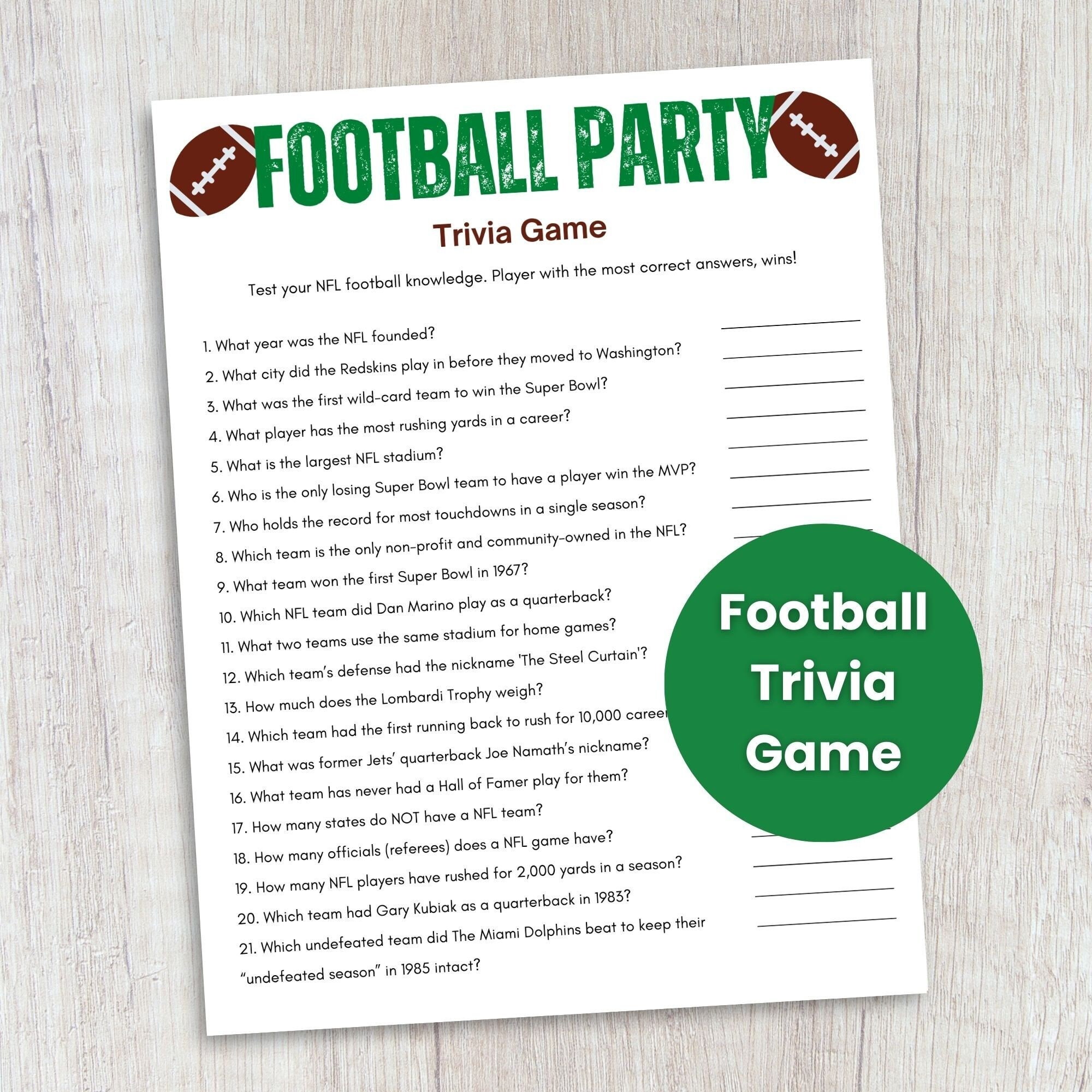 Football Trivia Game, Football Party Game, Trivia Game for Kids and ...