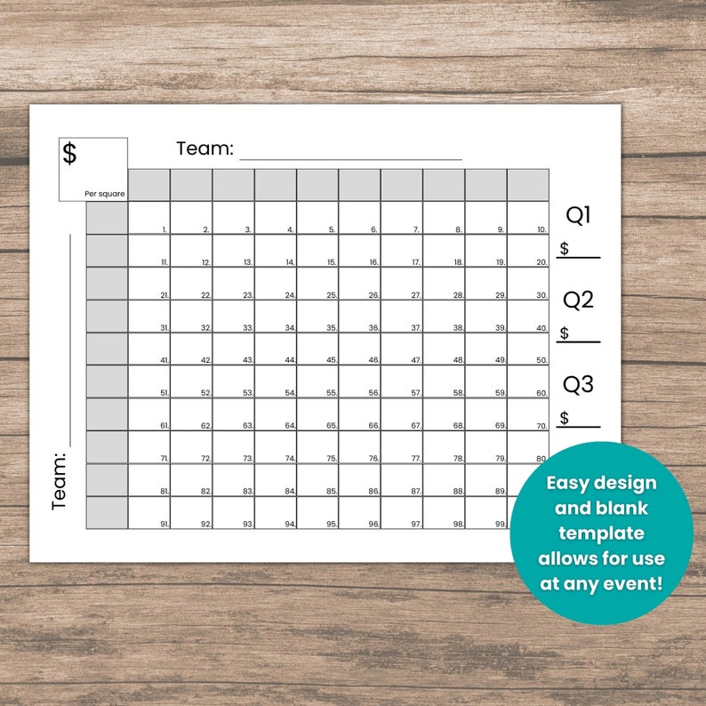 100 Squares Game Blank Template for Fundraisers, Sports Games and ...