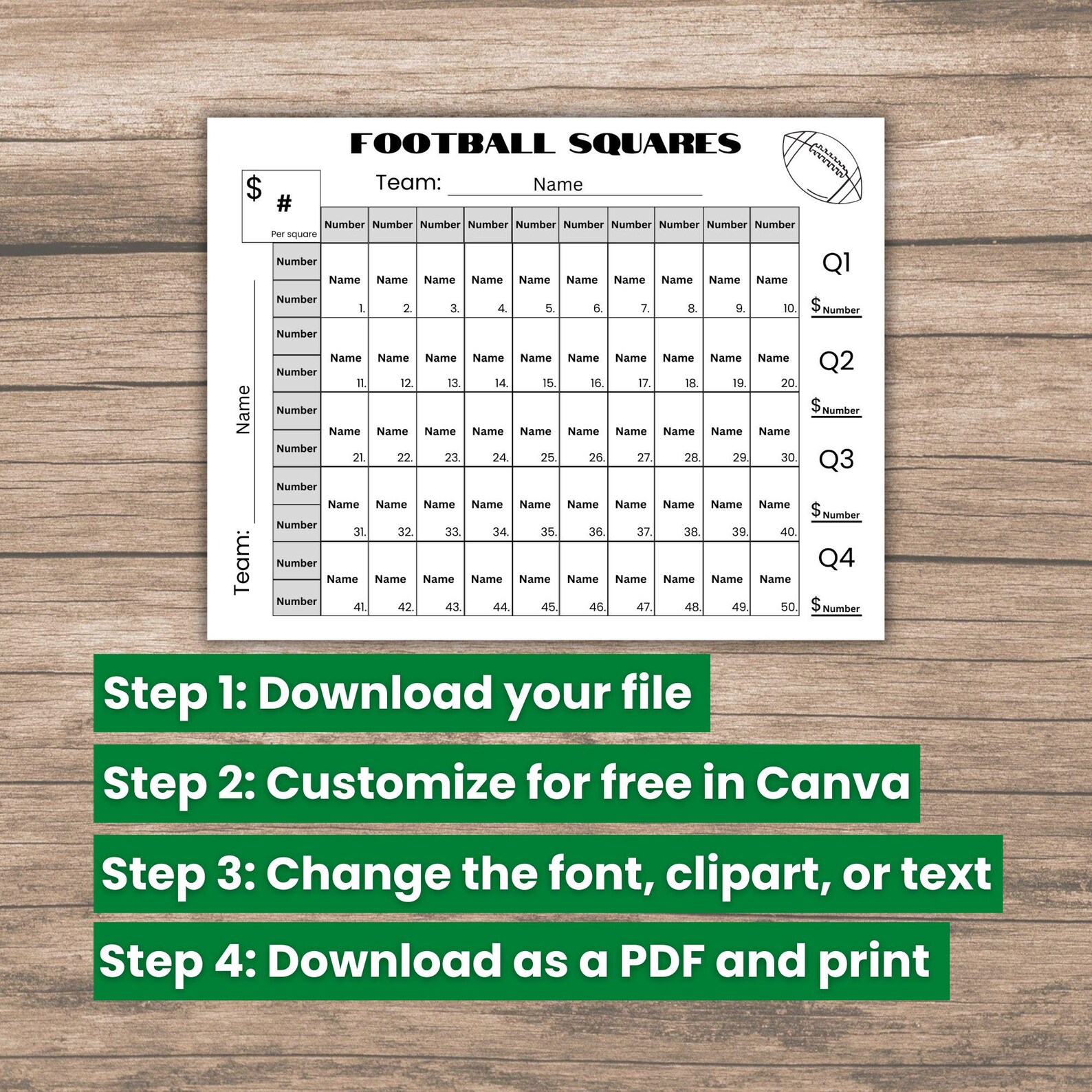 Canva Editable 50 Football Squares Game Template, Football Fundraiser ...