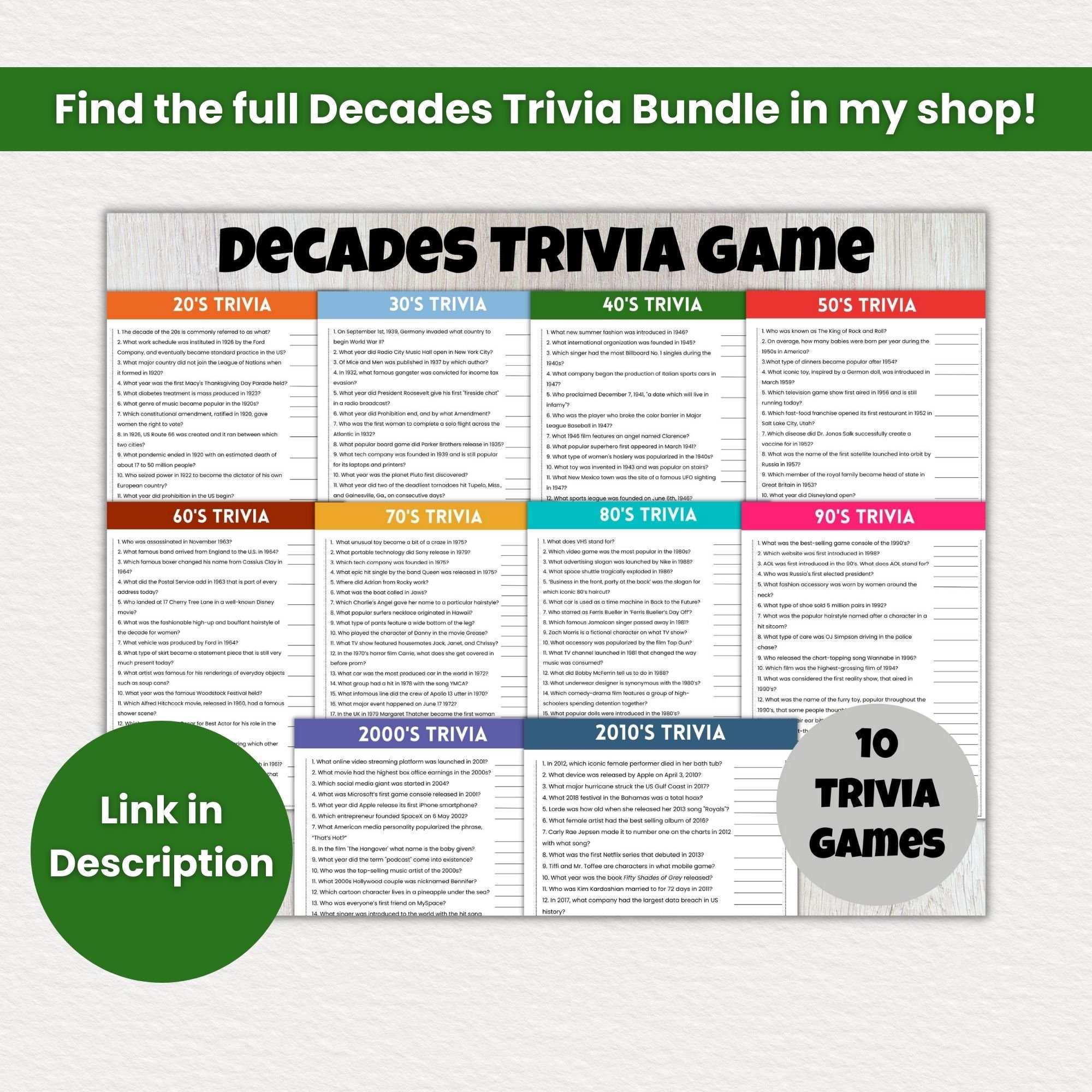 40s Trivia Game, 40s Theme Party Game, Decades Trivia, Patriotic Games ...