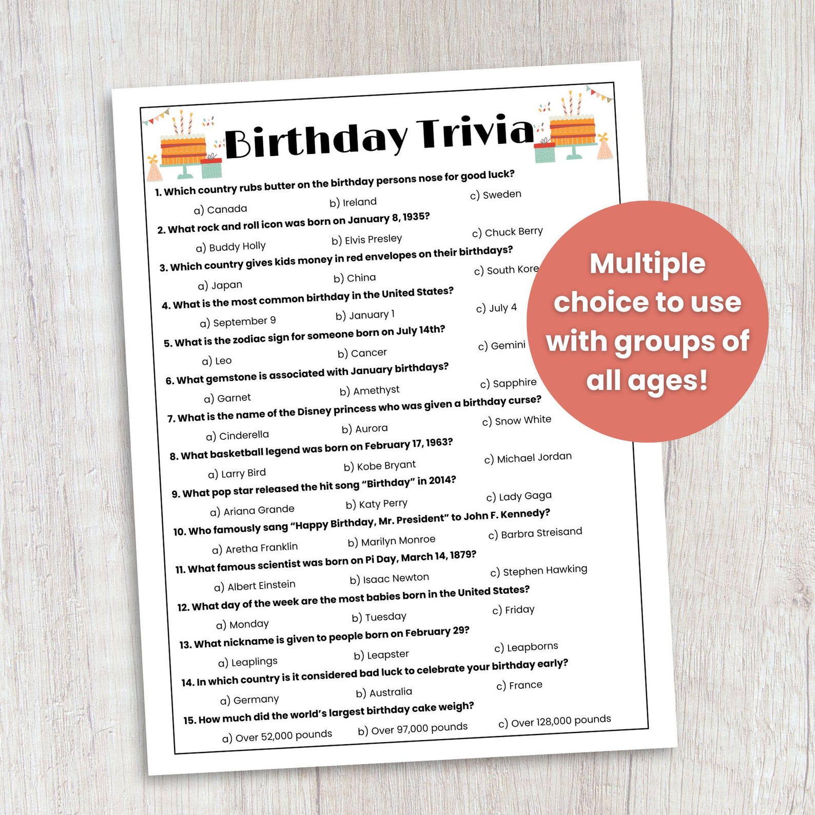 Birthday Trivia Game, Birthday Party Game, Birthday Quiz, 30th Birthday ...