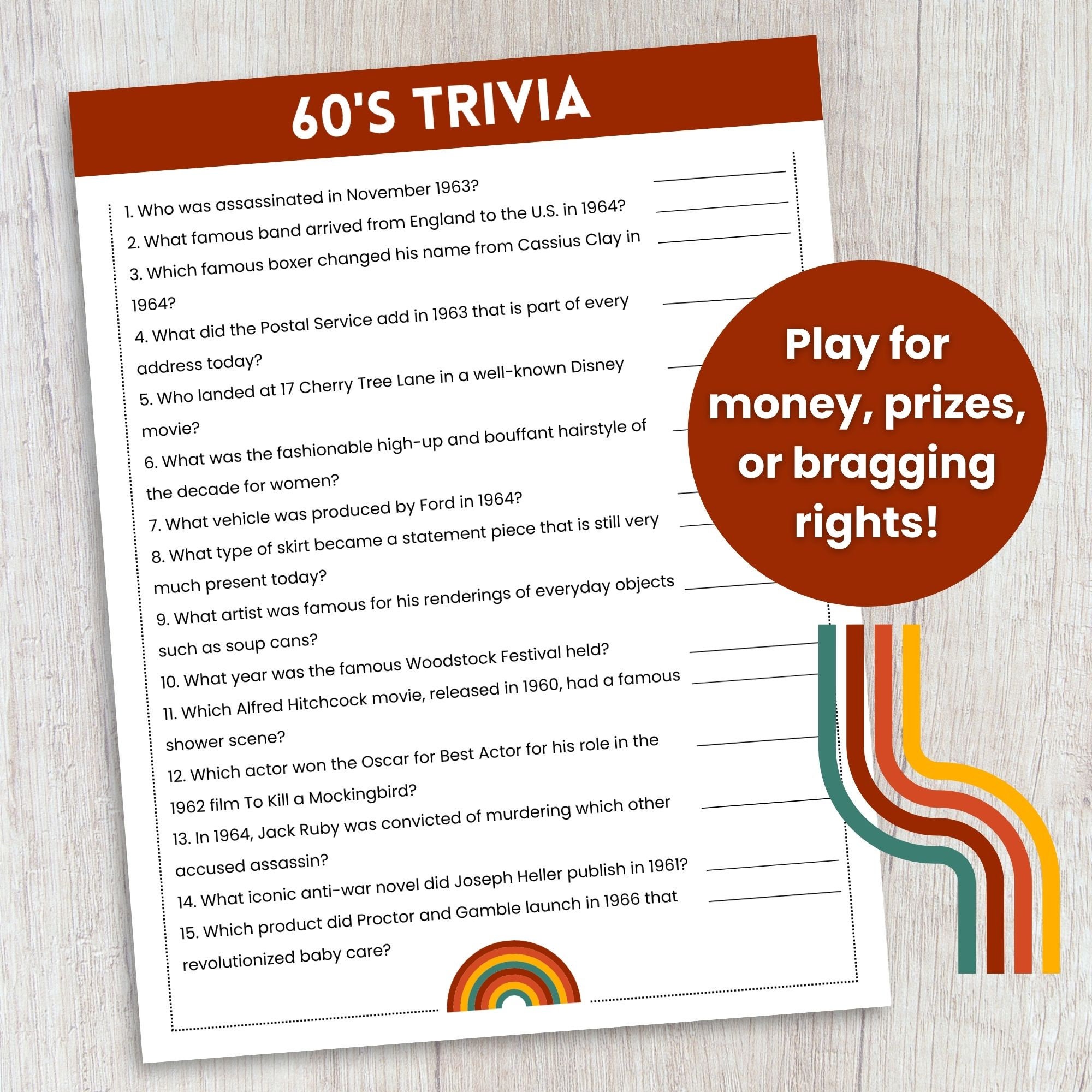 60s Trivia Game, 60s Theme Party Game, Decades Trivia, Team Building ...