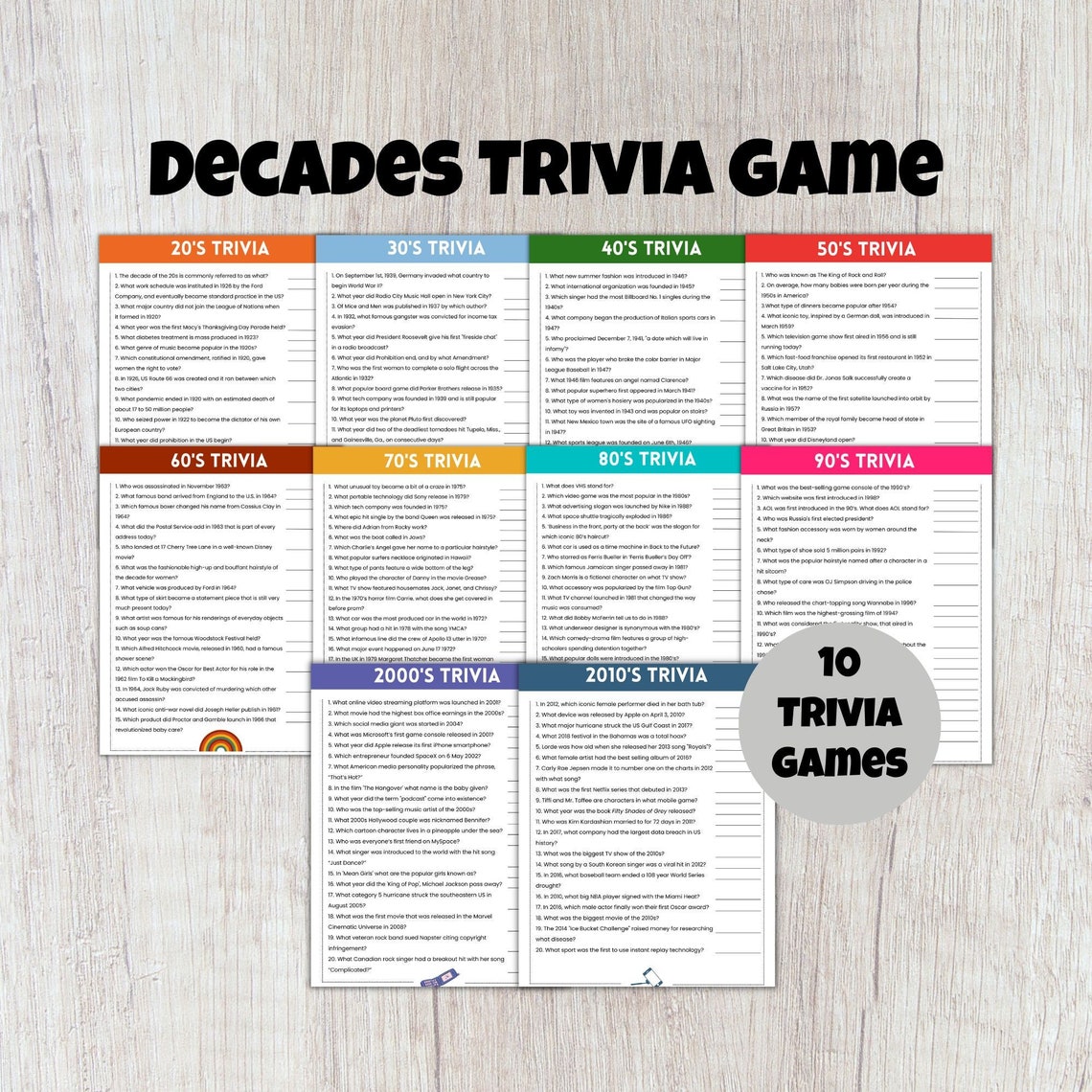 Decades Trivia Game Trivia Questions Pub Trivia Adult - Etsy