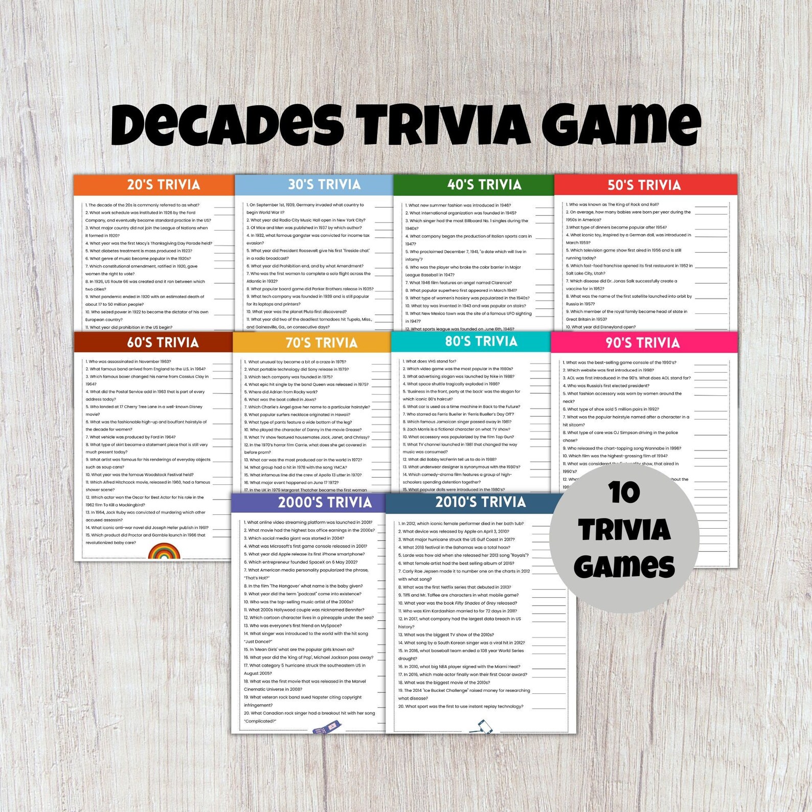 Decades Trivia Game Trivia Questions Pub Trivia (Instant Download) - Etsy