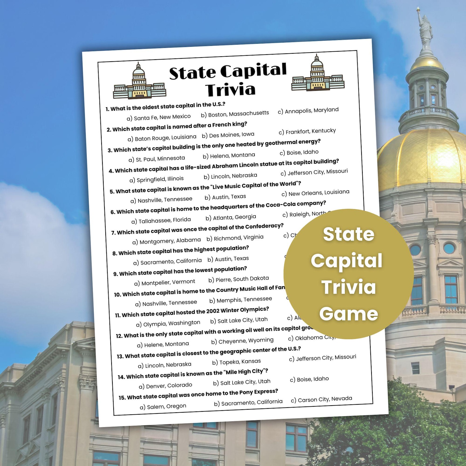 State Capital Trivia Game, USA Trivia, Patriotic Games, Us History ...