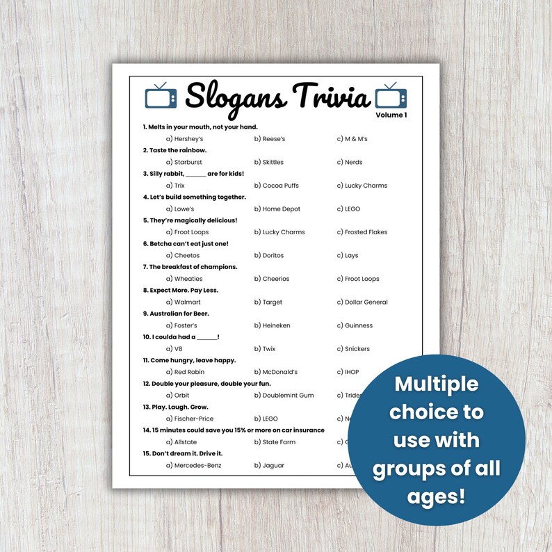 Slogans Trivia Game Bundle Multiple Choice, TV Commercial Trivia ...