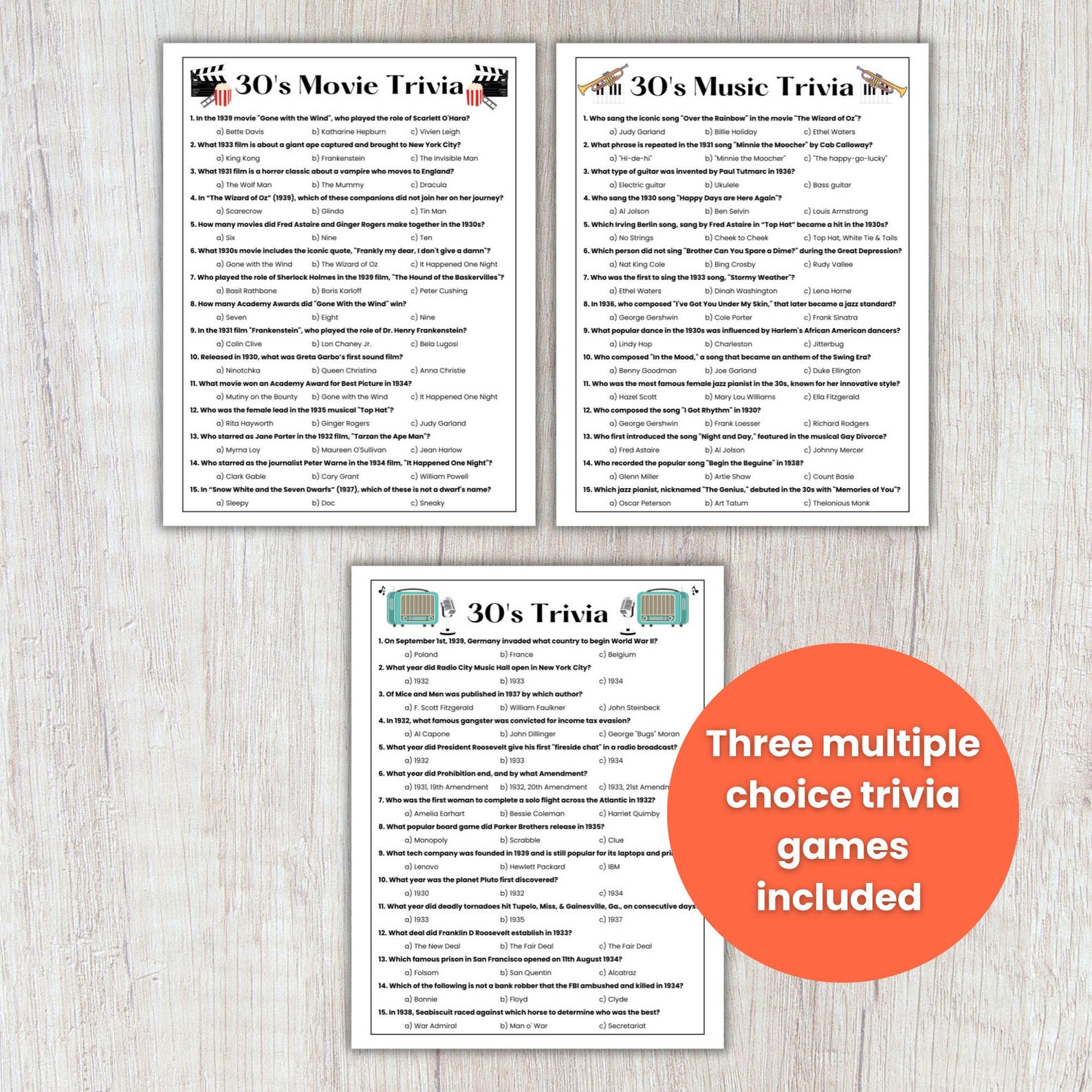 1930s Trivia Game Bundle, 30s Music Trivia, 30s Movie Trivia, Decades ...
