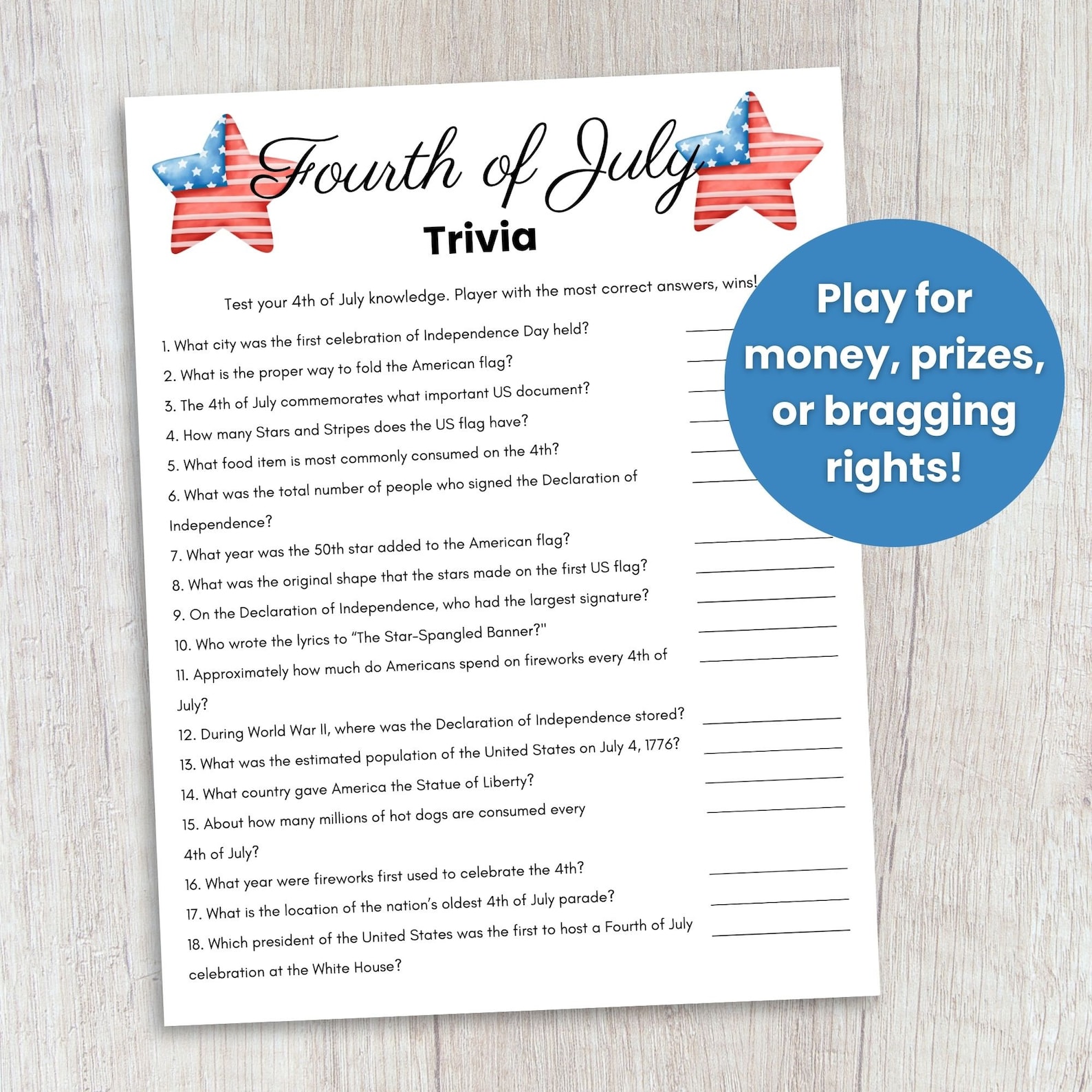 4th of July Trivia Game, 4th of July Printable Games, Trivia Questions ...