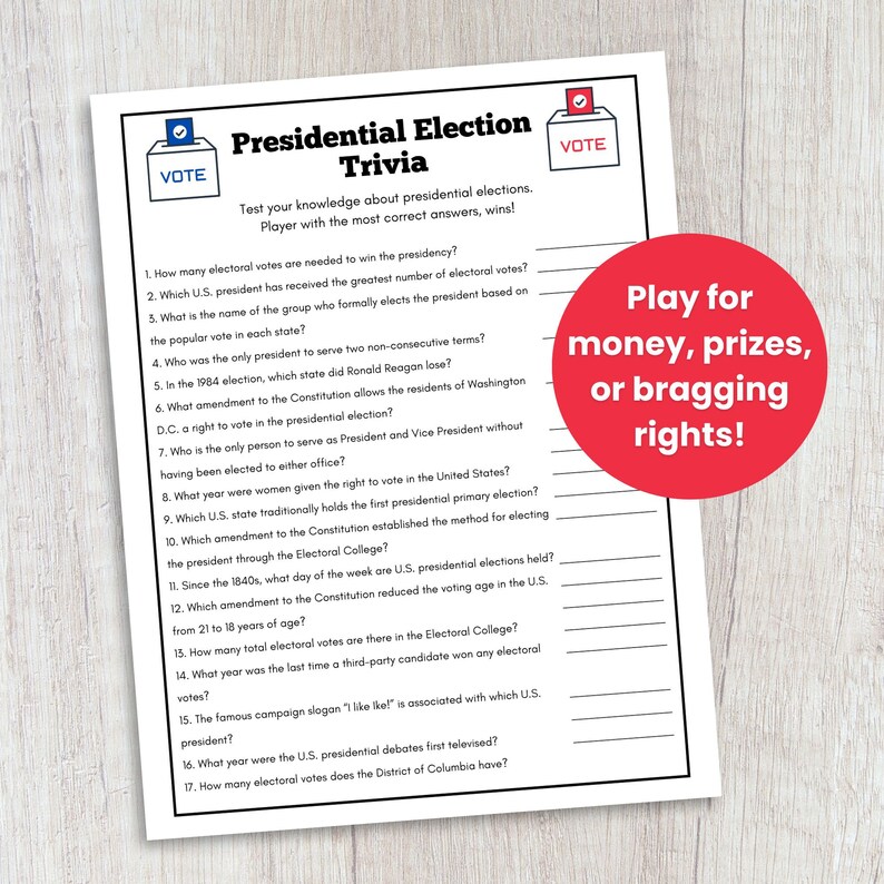 Presidential Election Trivia Game, 2024 Election, US Presidential ...
