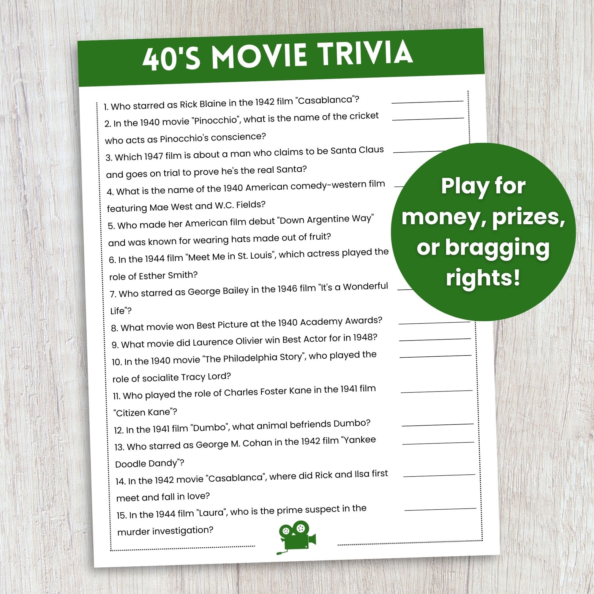40s Movie Trivia Game, 40s Theme Party Game, 1940s Trivia, Decades ...