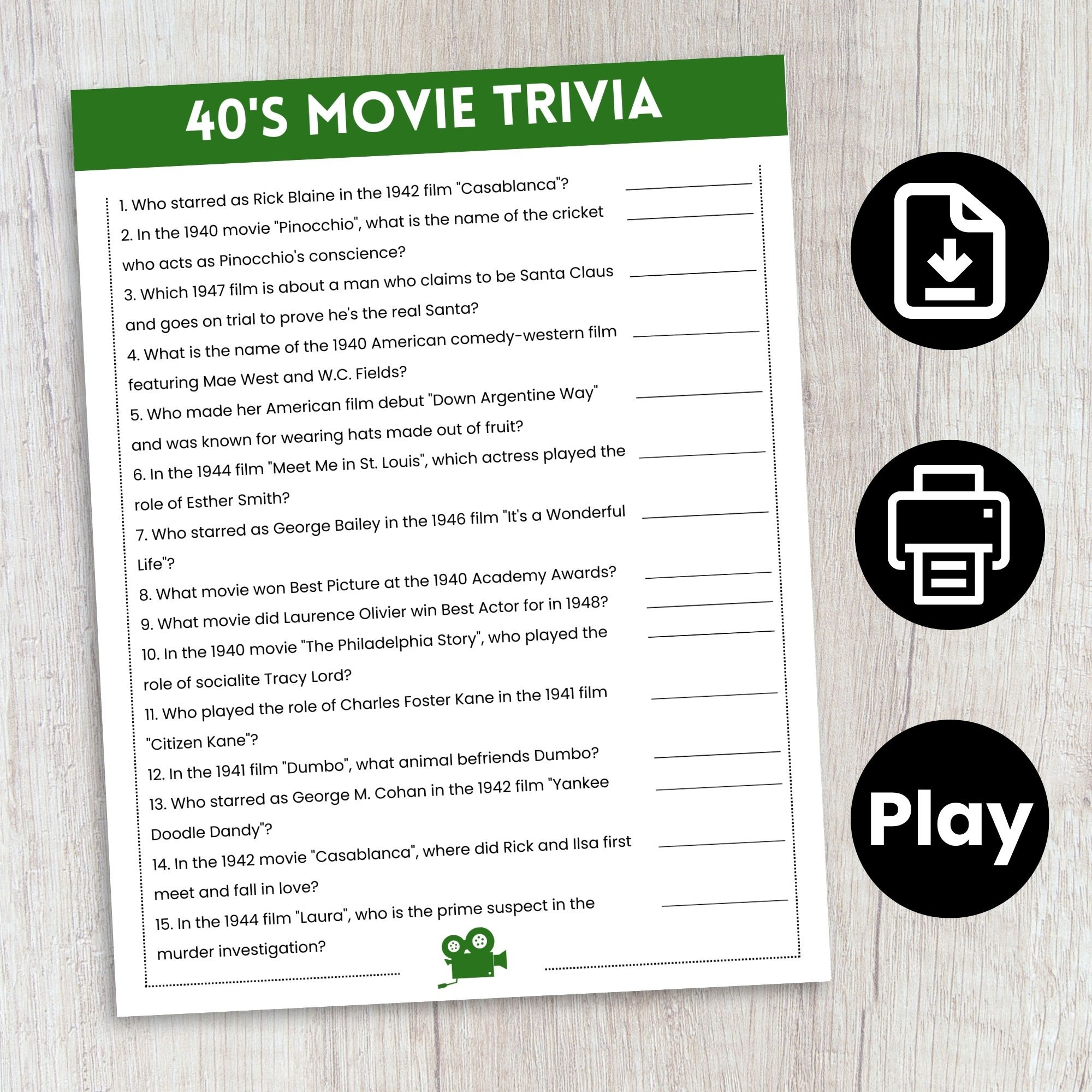 40s Movie Trivia Game, 40s Theme Party Game, 1940s Trivia, Decades ...