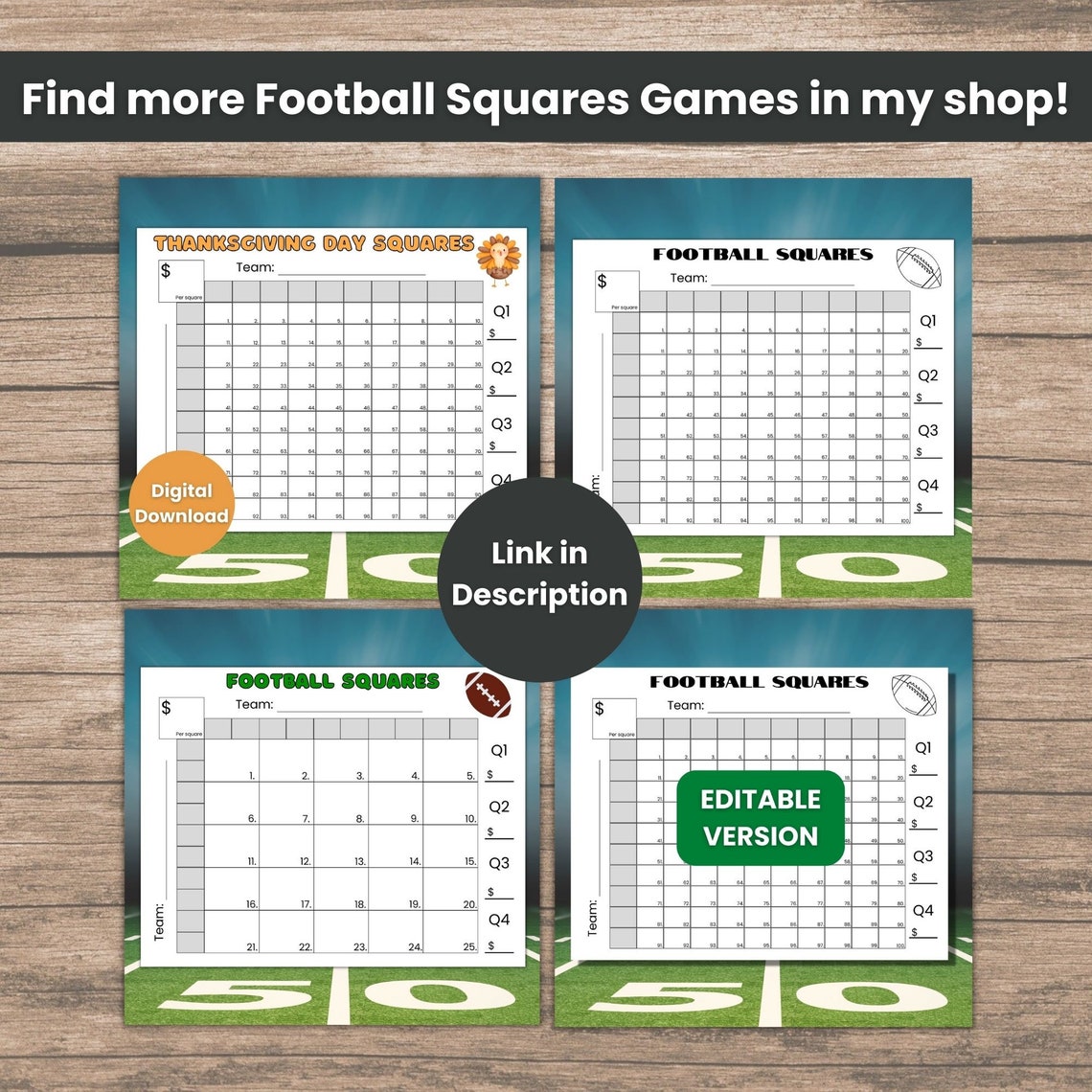 Editable 50 Football Squares Game Printable, Football Fundraiser ...