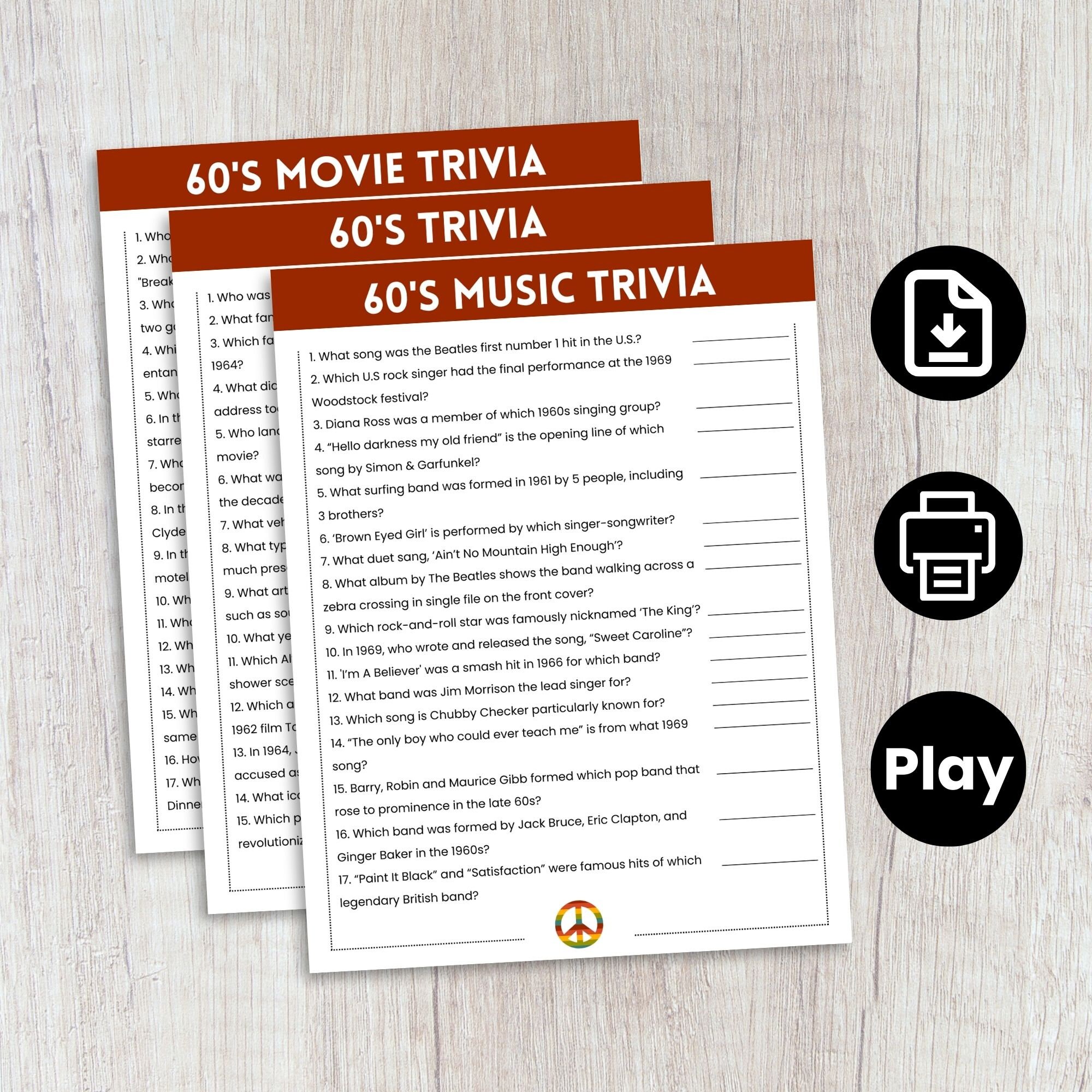 60s Trivia Game Bundle, 60s Music Trivia, 60s Movie Trivia, 60s Party ...