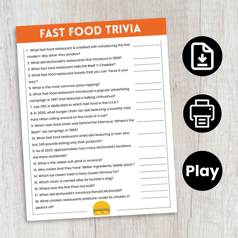 Fast Food Trivia, Trivia Game for Kids and Adults, Trivia Night, Family ...