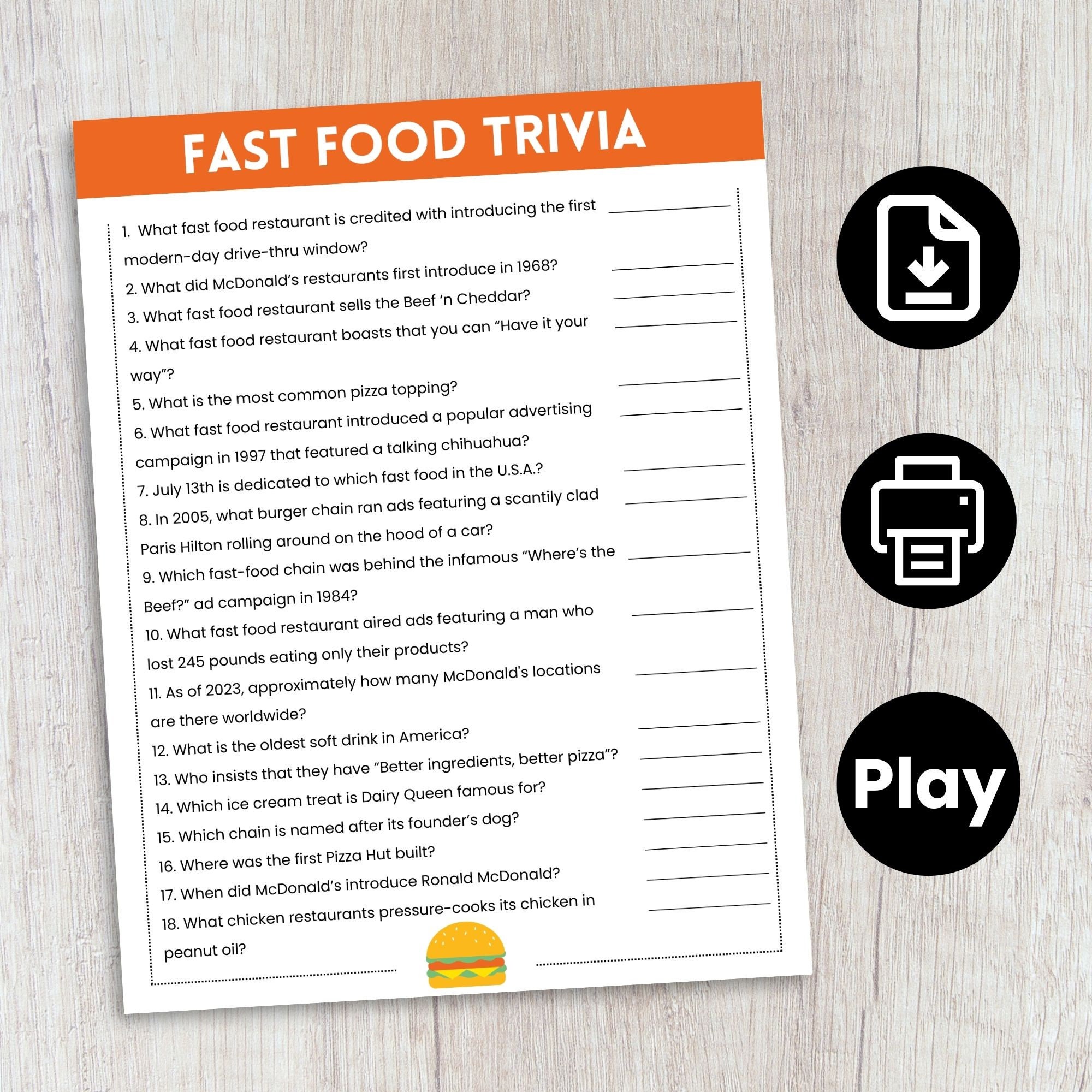 Fast Food Trivia, Trivia Game for Kids and Adults, Trivia Night, Family ...