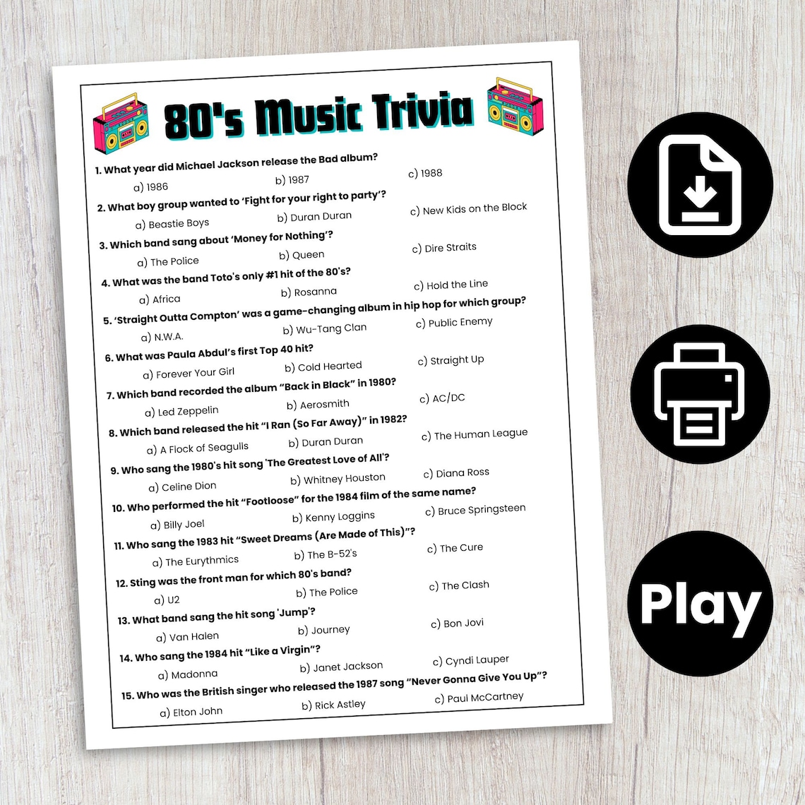 80s Music Trivia Game, 80s Theme Party Game, Decades Trivia, Music ...