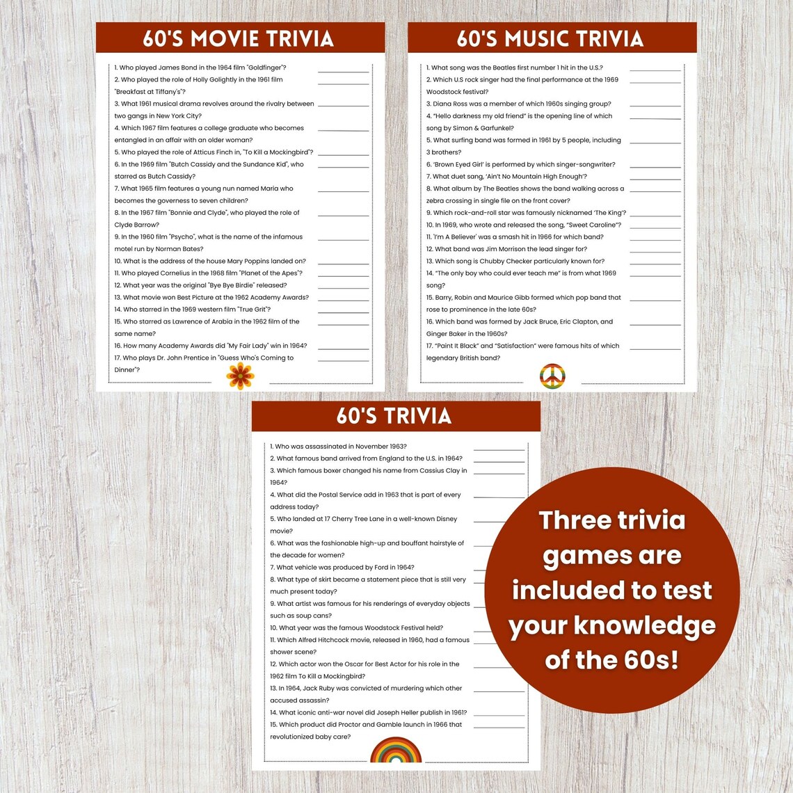 60s Trivia Game Bundle, 60s Music Trivia, 60s Movie Trivia, 60s Party ...