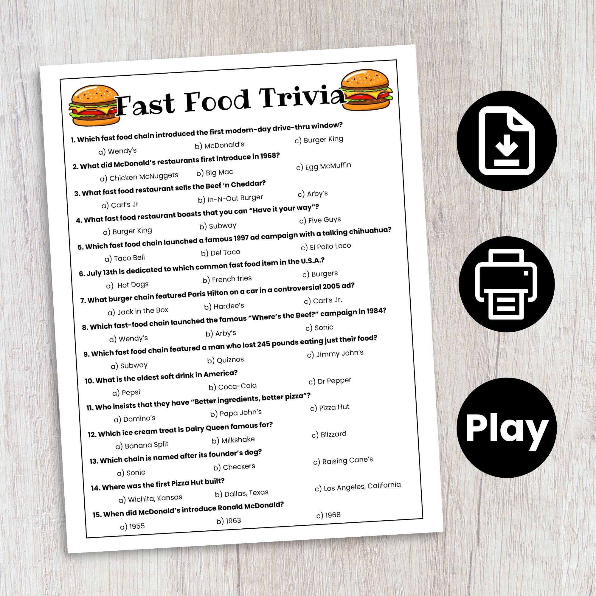 Fast Food Trivia Game, Food Trivia Game, Family Game Night, Trivia for ...