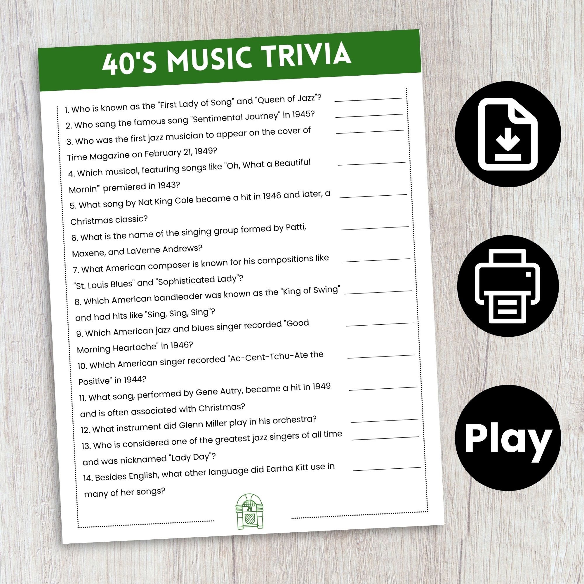 40s Music Trivia Game, 40s Theme Party Game, 1940s Trivia, Decades ...