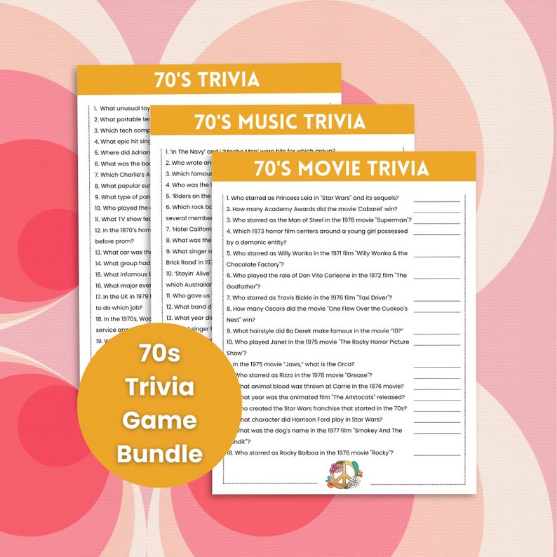70s Trivia Game Bundle, 70s Music Trivia, 70s Movie Trivia, 70s Party ...