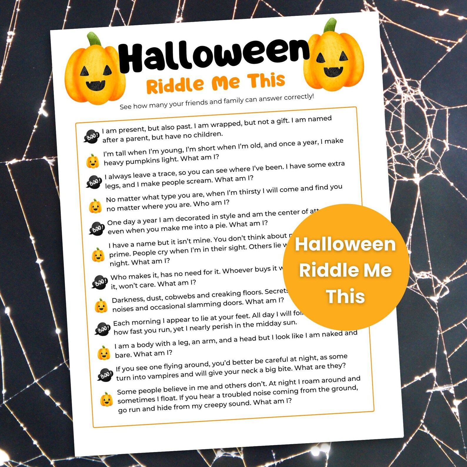 Halloween Riddle Me This Game Printable, Halloween Party Game for Kids ...